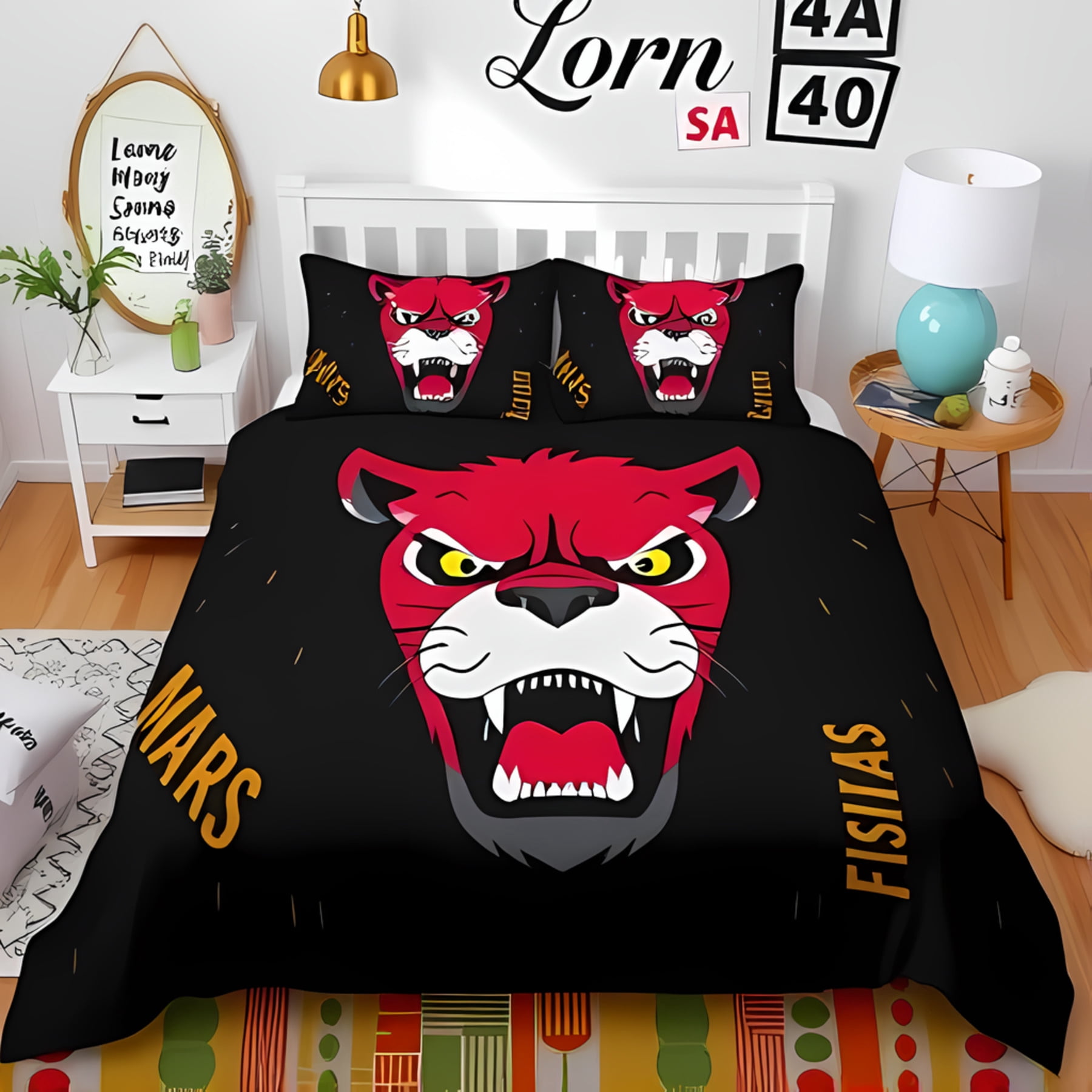 Bold 3-Piece Duvet Cover Set with Red Snarling Graphic & Gold Text ...