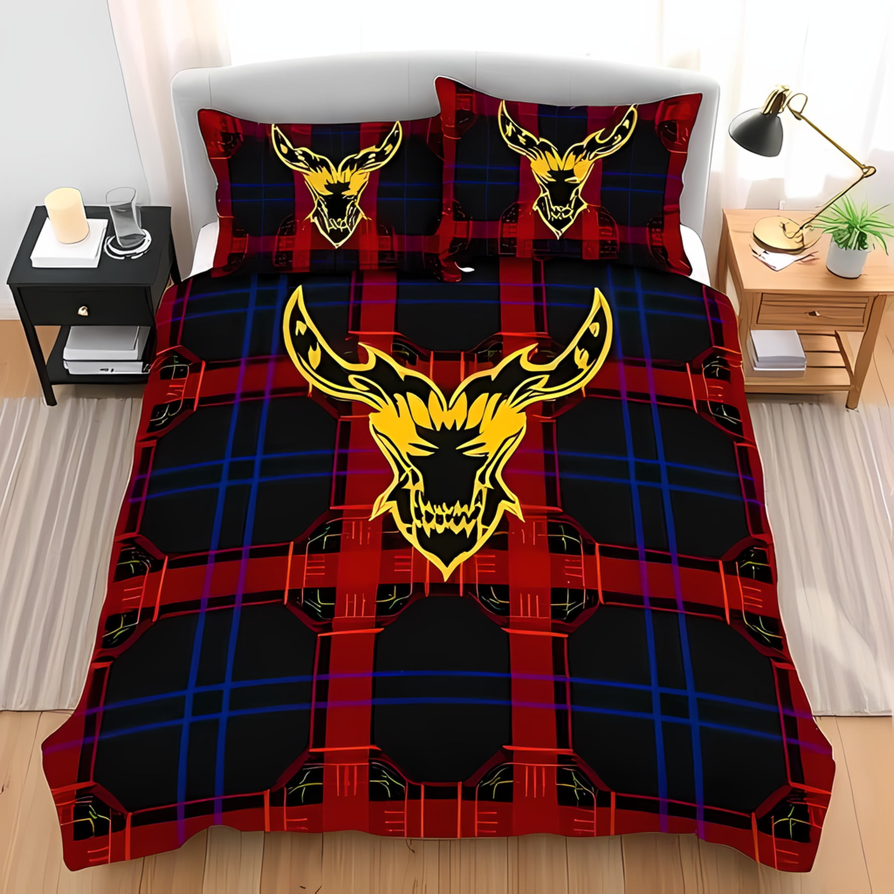 Bold 3-Piece Duvet Cover Set with Red and Black & Gold Horned Design ...