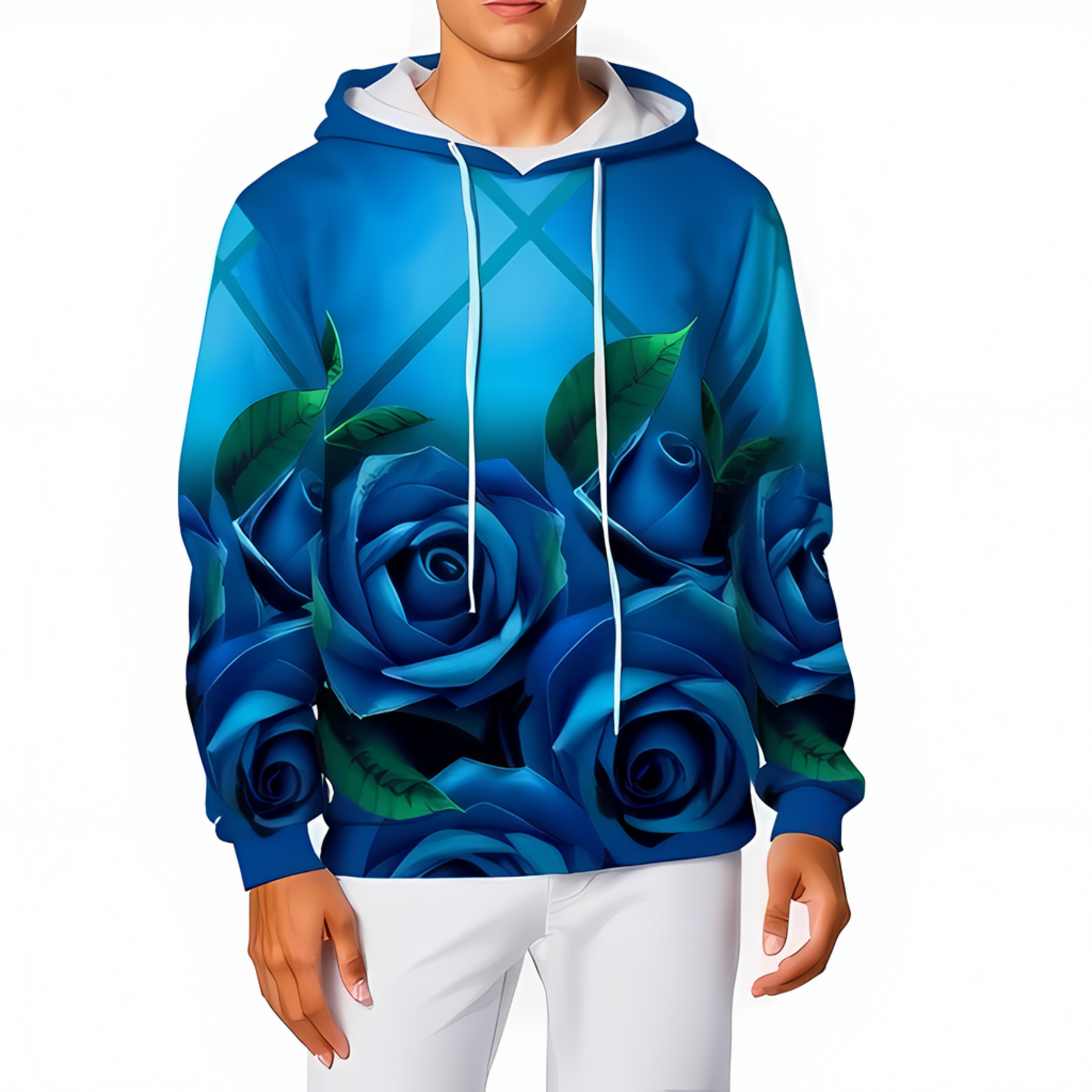 Bold 3D Floral Pattern Blue Hoodie with White Drawstrings - Eye ...