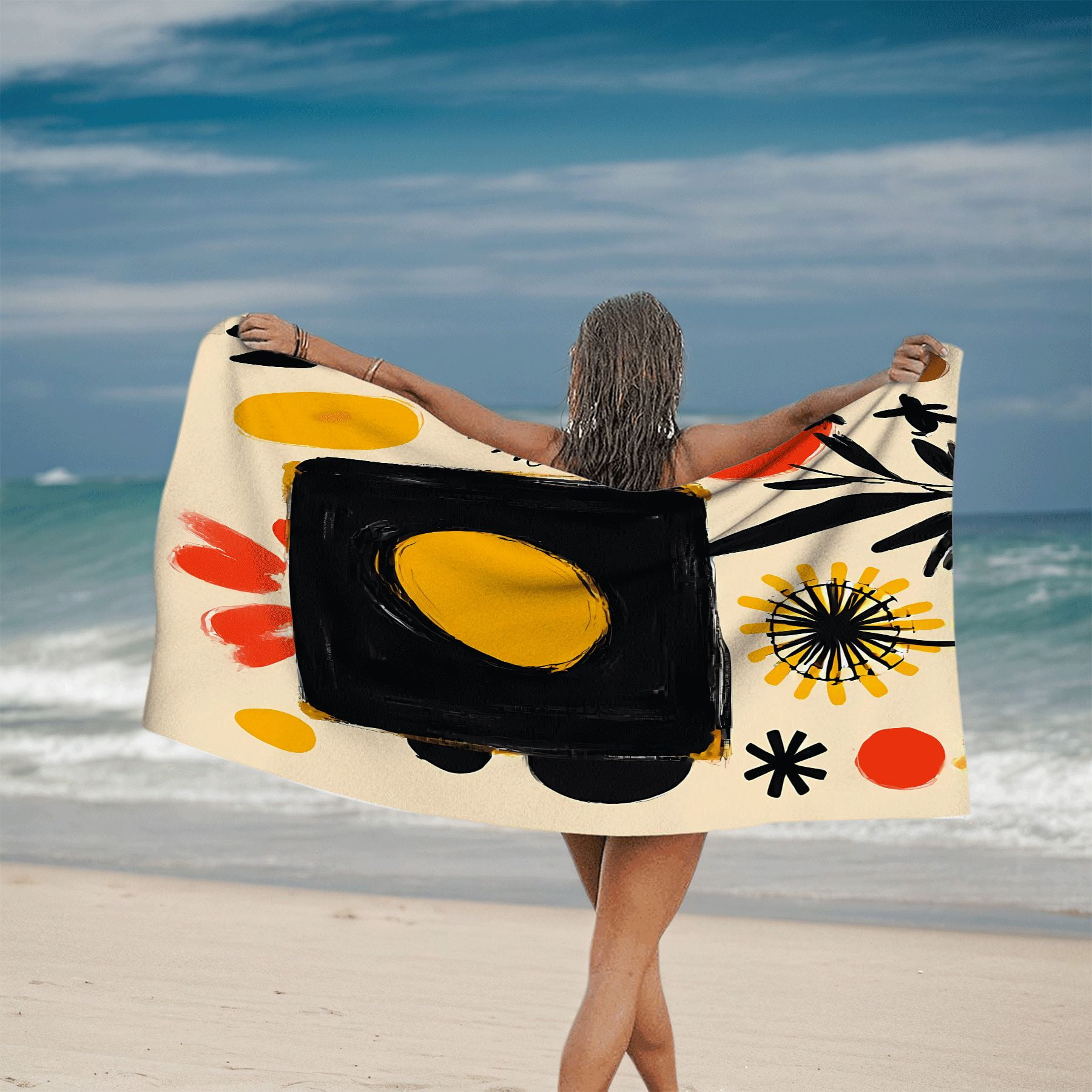 Bold Abstract Beach Towel - Large Black Rectangle with Yellow Circle ...