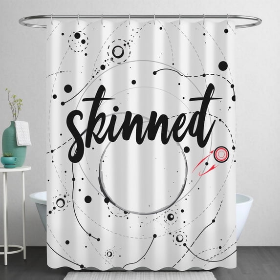 Bold Abstract Black & White Shower Curtain with 'Skinned' in Cursive ...