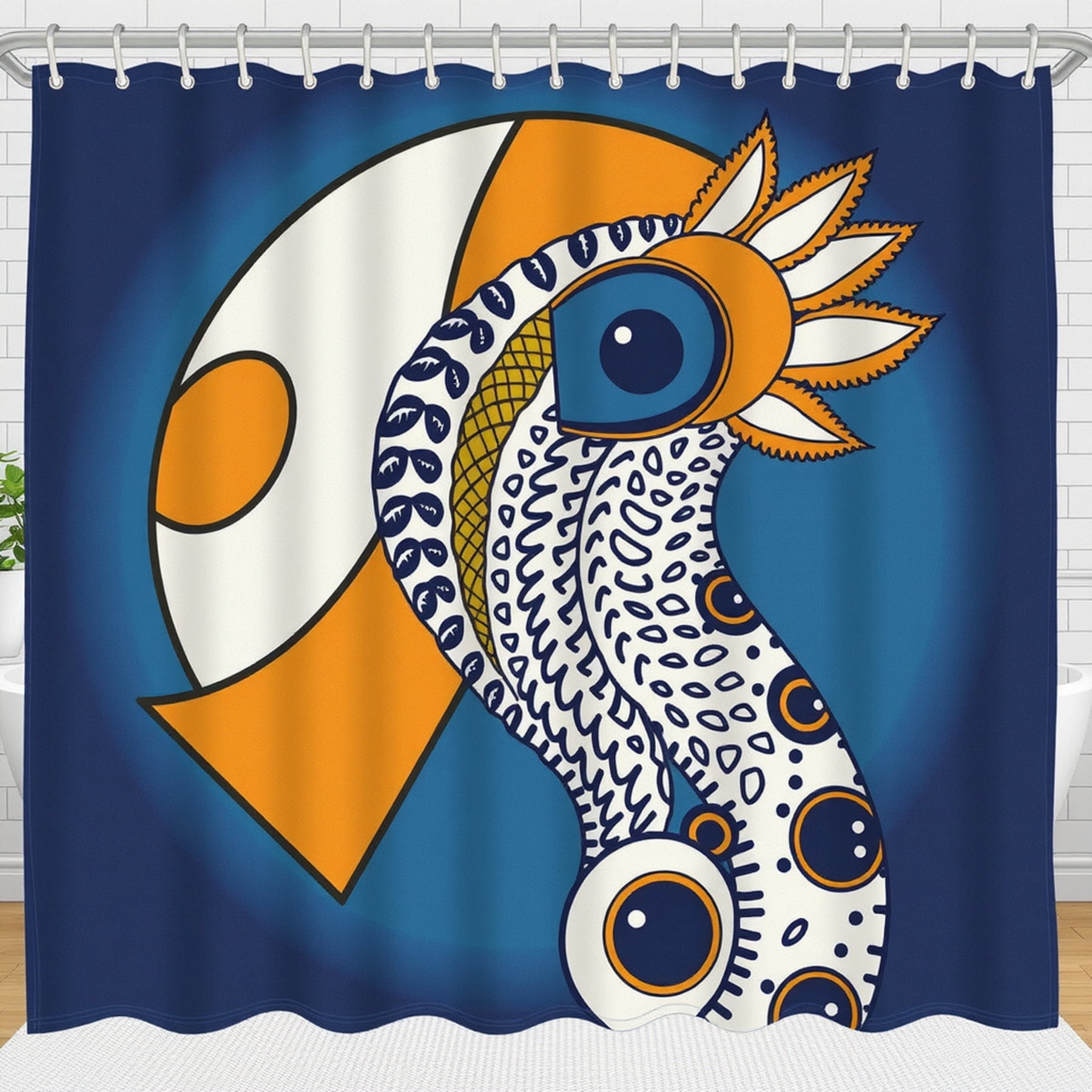 Bold Abstract Eye-Motif Shower Curtain in Orange, White & Black on Deep ...