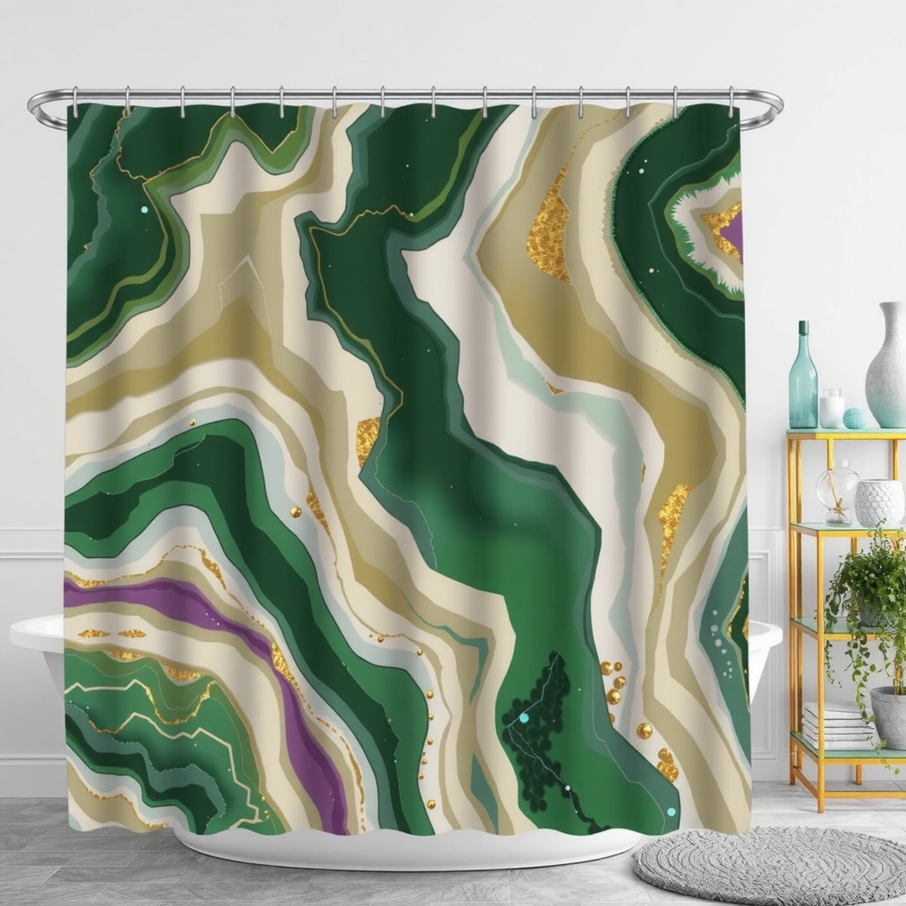 Bold Abstract Geode Shower Curtain in Rich Green & Creamy Beige with ...