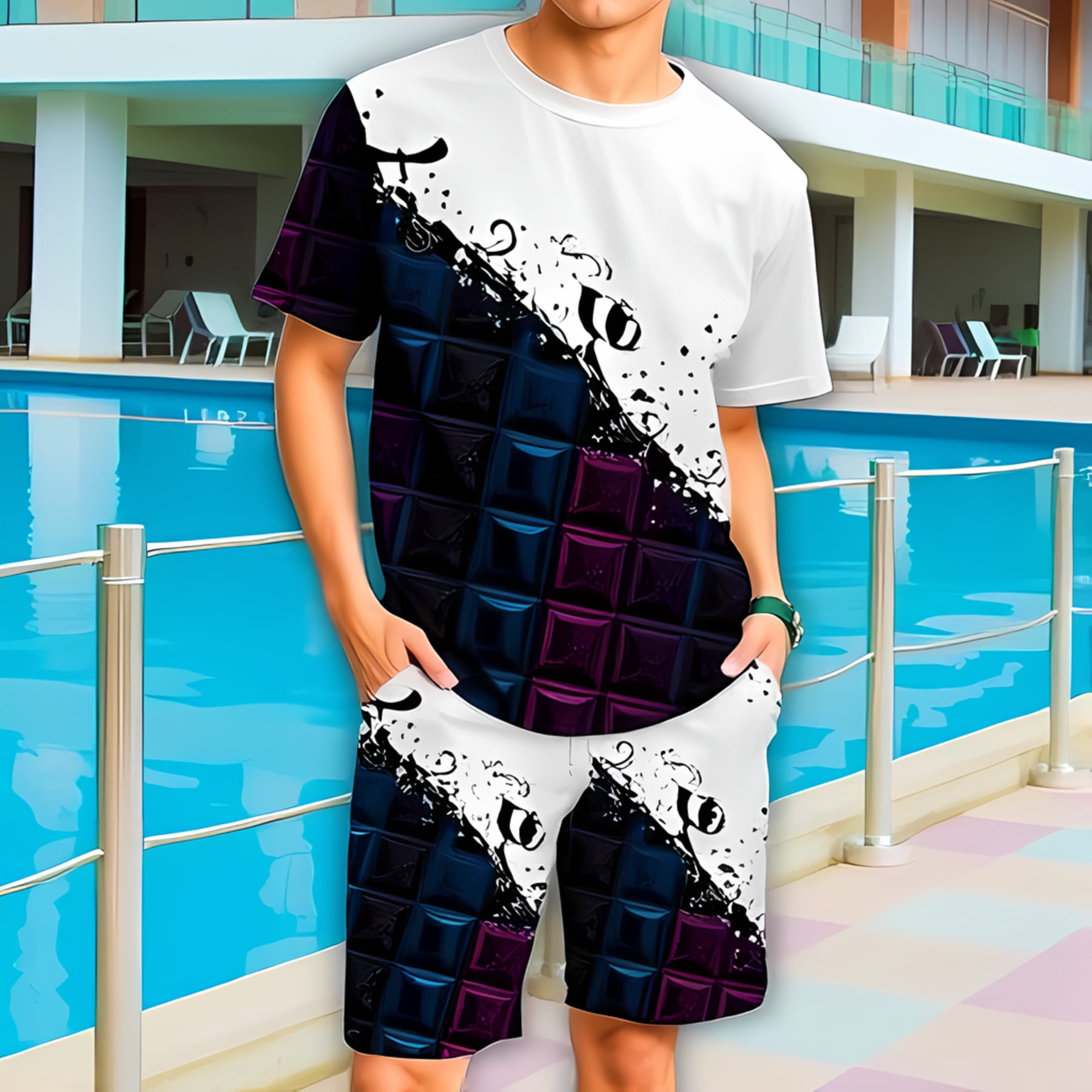 Bold Abstract Pattern T-Shirt and Shorts Set - Navy & Purple Splash ...
