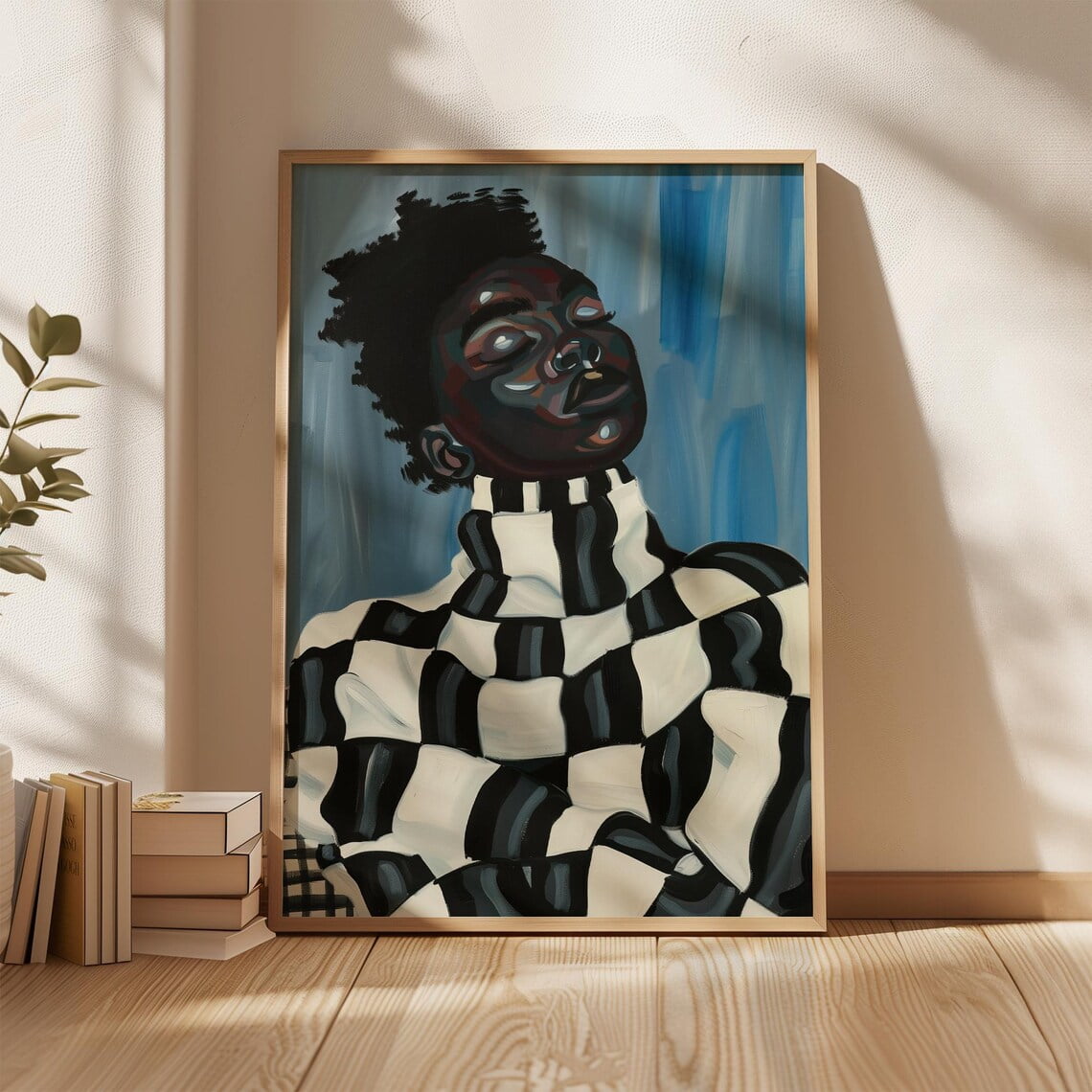 Bold Abstract Portrait Of Afro Woman, Modern Checkered Wall Art, Black ...
