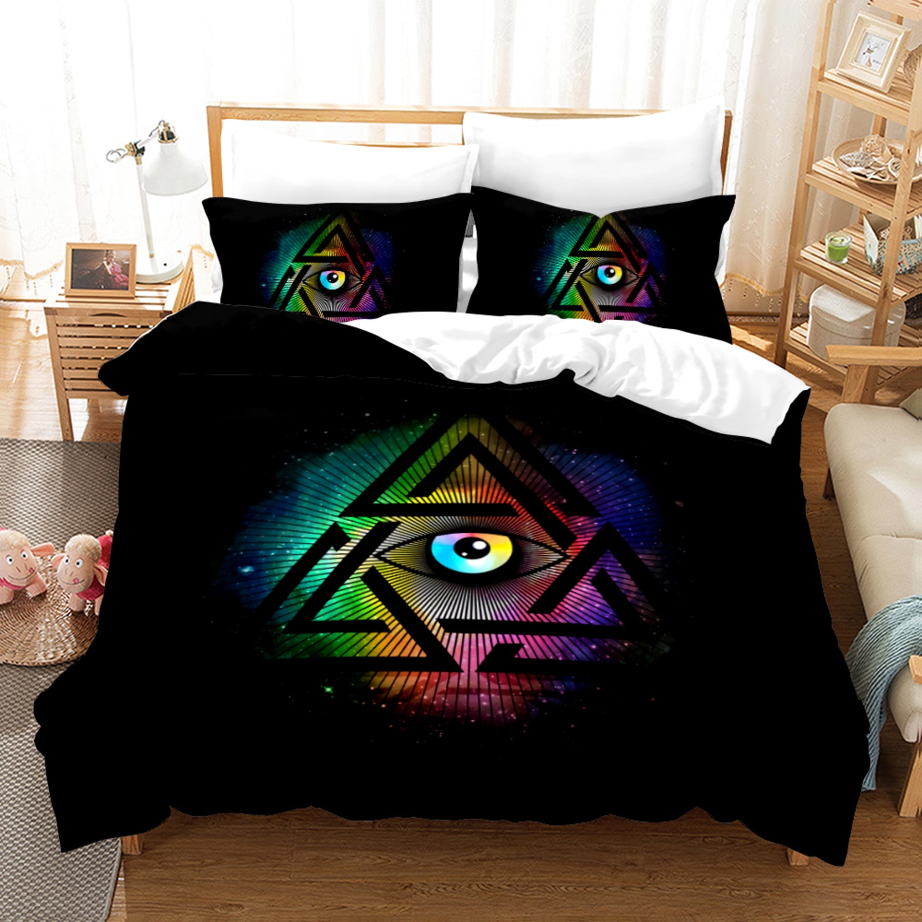 Bold All-Seeing Eye Bedding Set Multi-Colored Geometric Design on Black ...