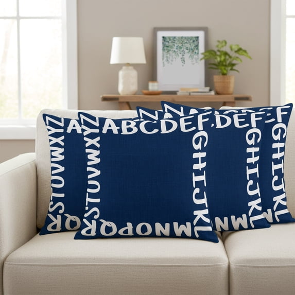 Bold Alphabet Pillow Covers Set of 4, Modern Nautical Letters Dark Blue ...