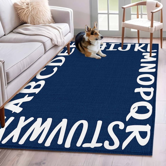 Bold Alphabet Washable Area Rug 2.7x5 Modern Nautical Letters Dark Blue ...