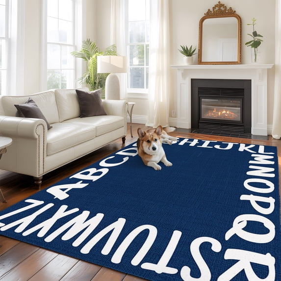 Bold Alphabet Washable Area Rug 8x10 Modern Nautical Letters Dark Blue ...