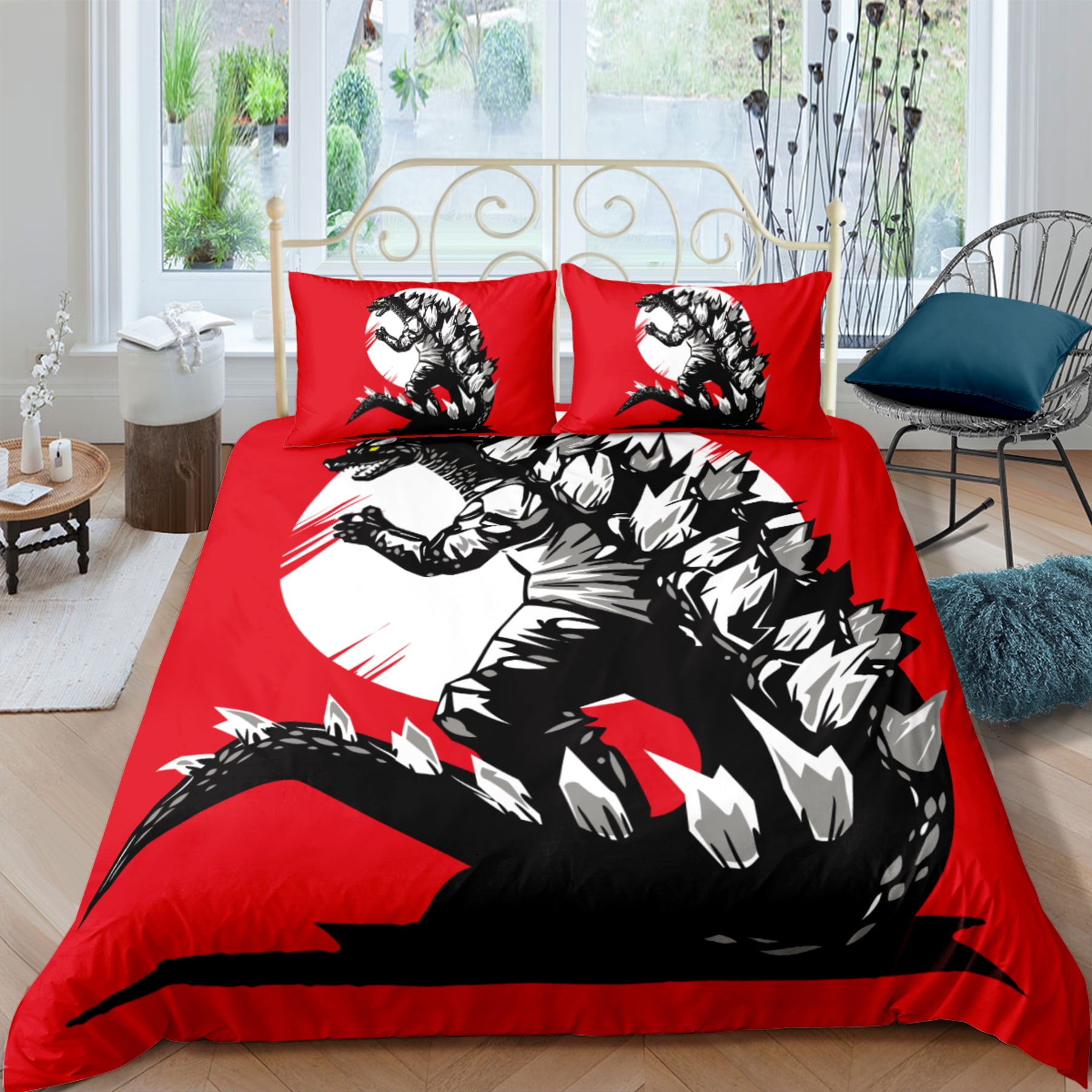 Bold Bedding Set Red Background with Black & White Illustration ...