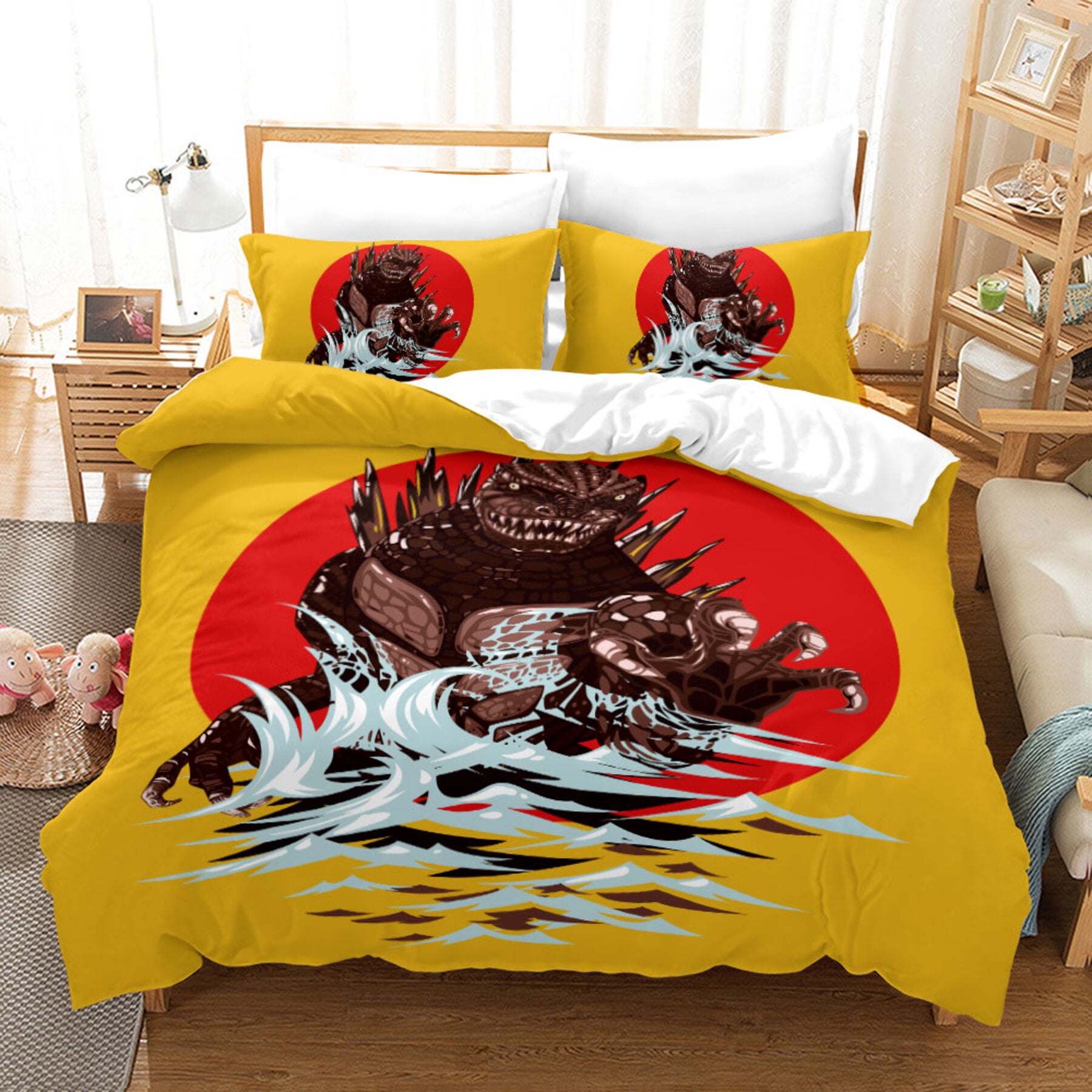 Bold Bedding Set Vibrant Graphic Design with Reptilian Creature & Red ...