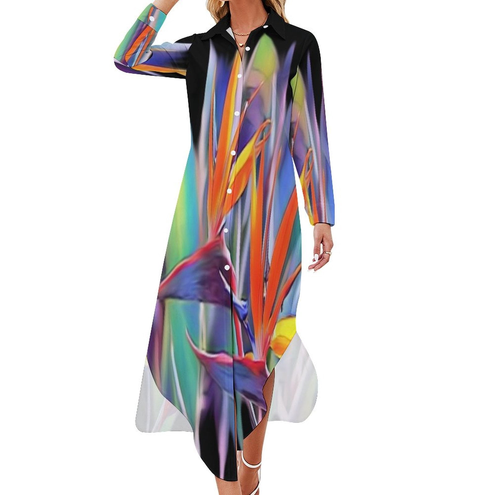 Bold Bird of Paradise Graphic Long Sleeved Shirt Dress Prom gown dress ...