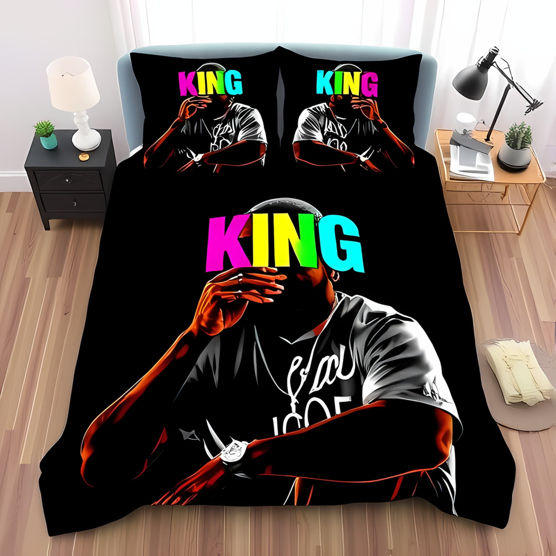 Bold Black 3-Piece Bedding Set - Graphic Duvet Cover & Pillowcases with "KING" Design - Modern ...