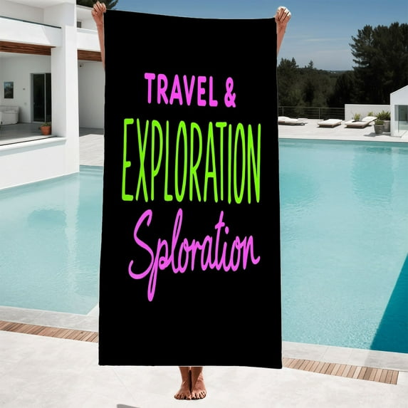 Bold Black Background Beach Towel with Bright Green & Pink ' TRAVEL ...