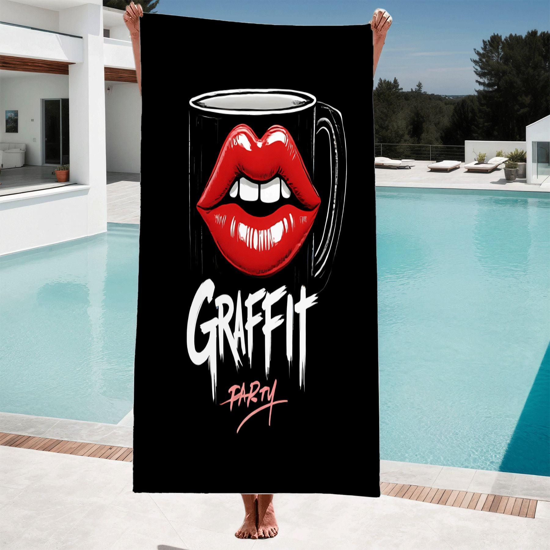 Bold Black Background Beach Towel with Glossy Red Mouth Design Edgy ...