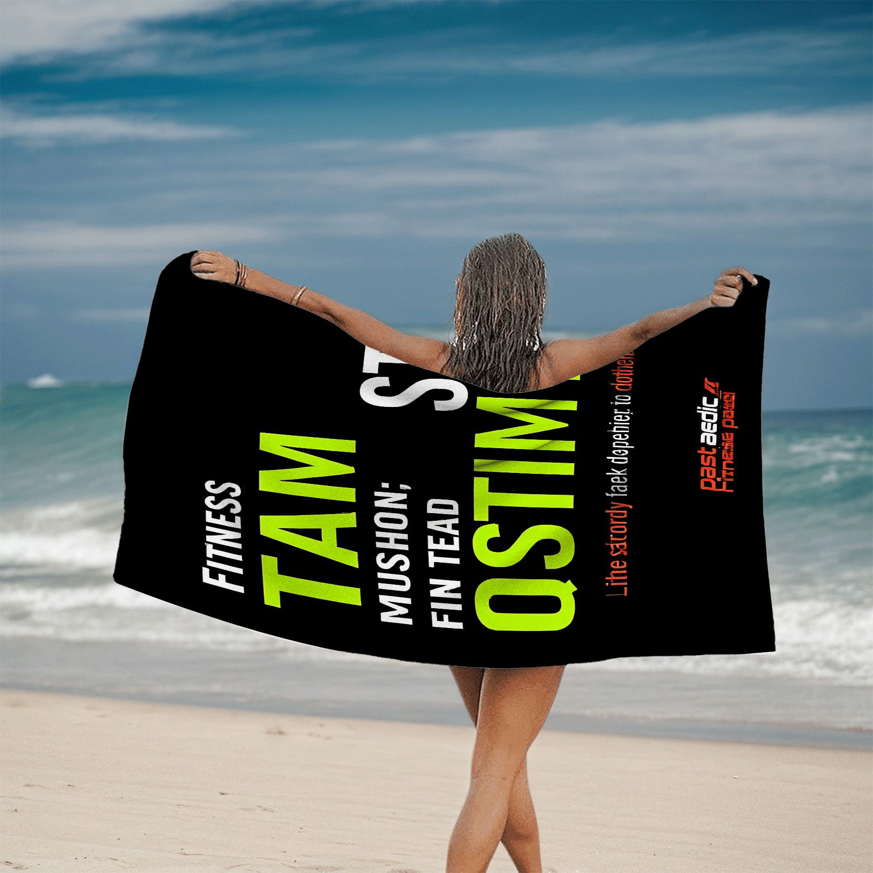 Bold Black Background Beach Towel with Striking White & Green Text ...