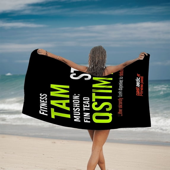 Bold Black Background Beach Towel with Striking White & Green Text ...