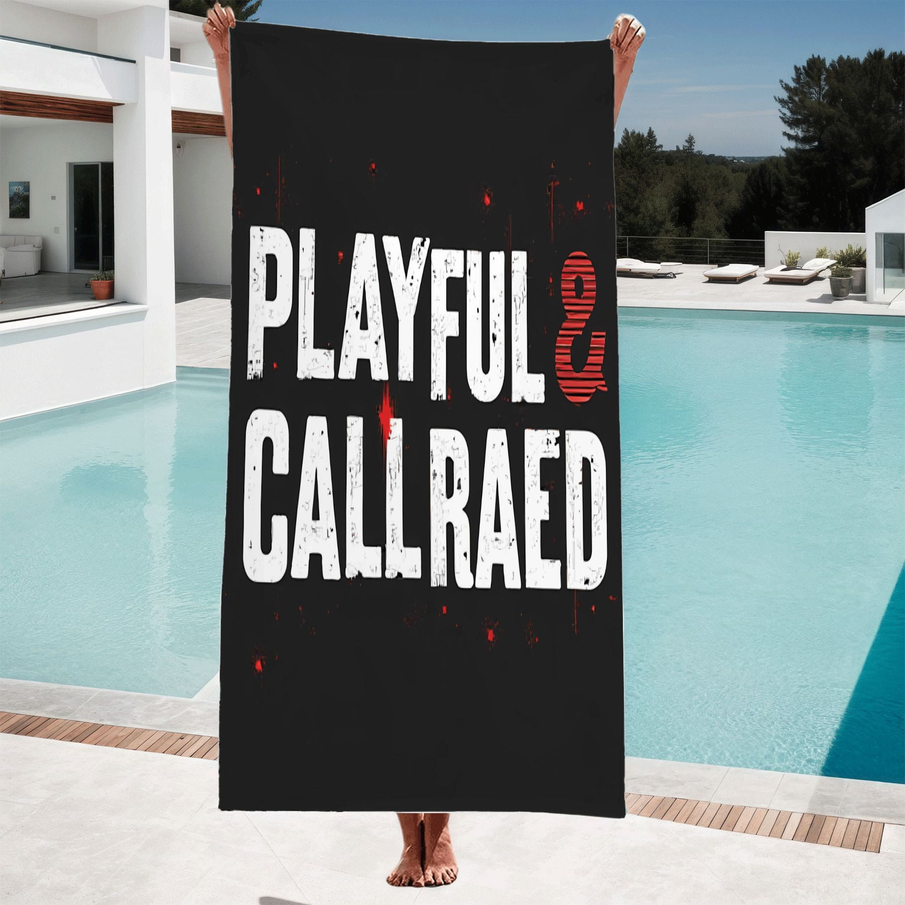 Bold Black Beach Towel with Playful White Text & Red Splatters ...