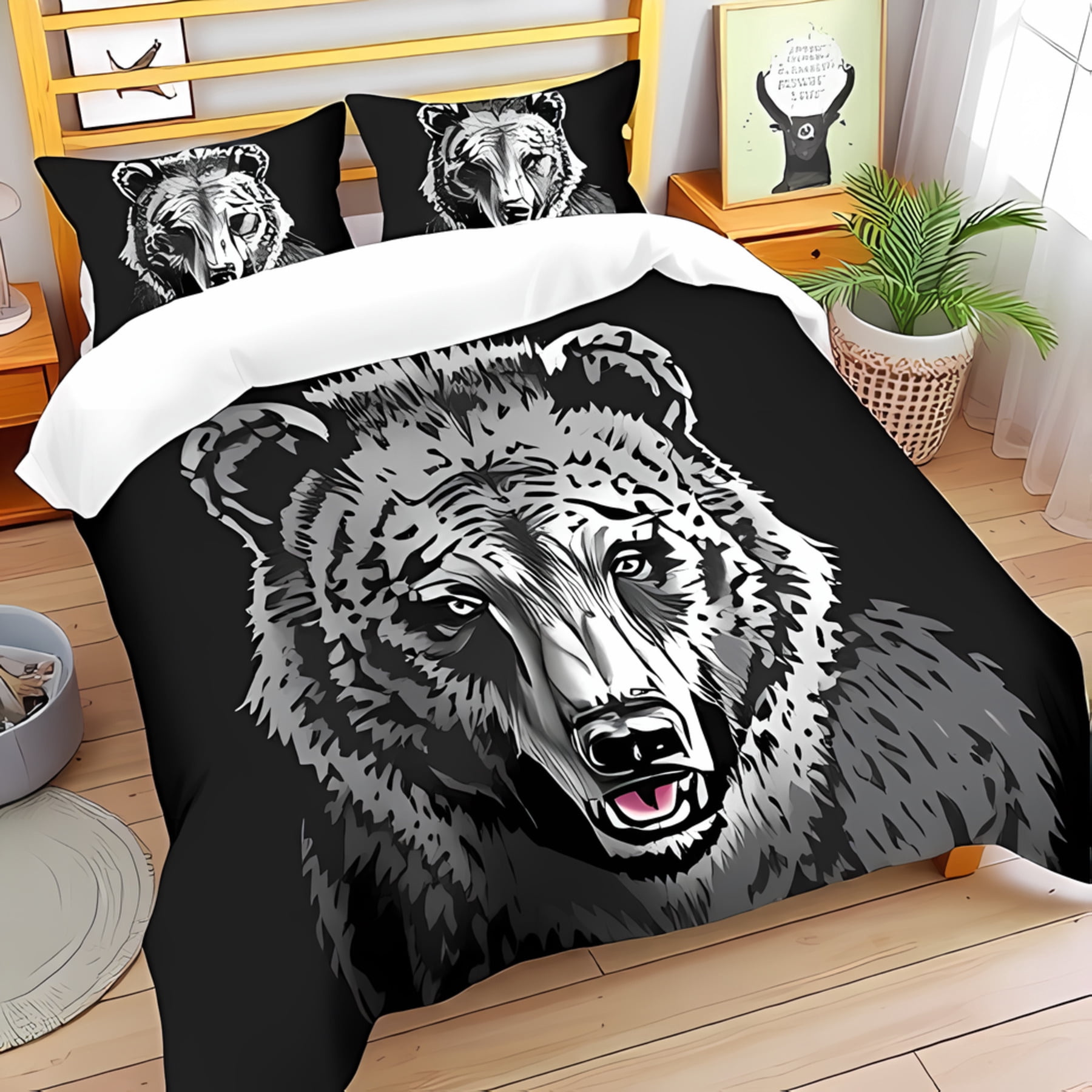 Bold Black Bear Comforter Set Grayscale Wildlife Design with Matching ...