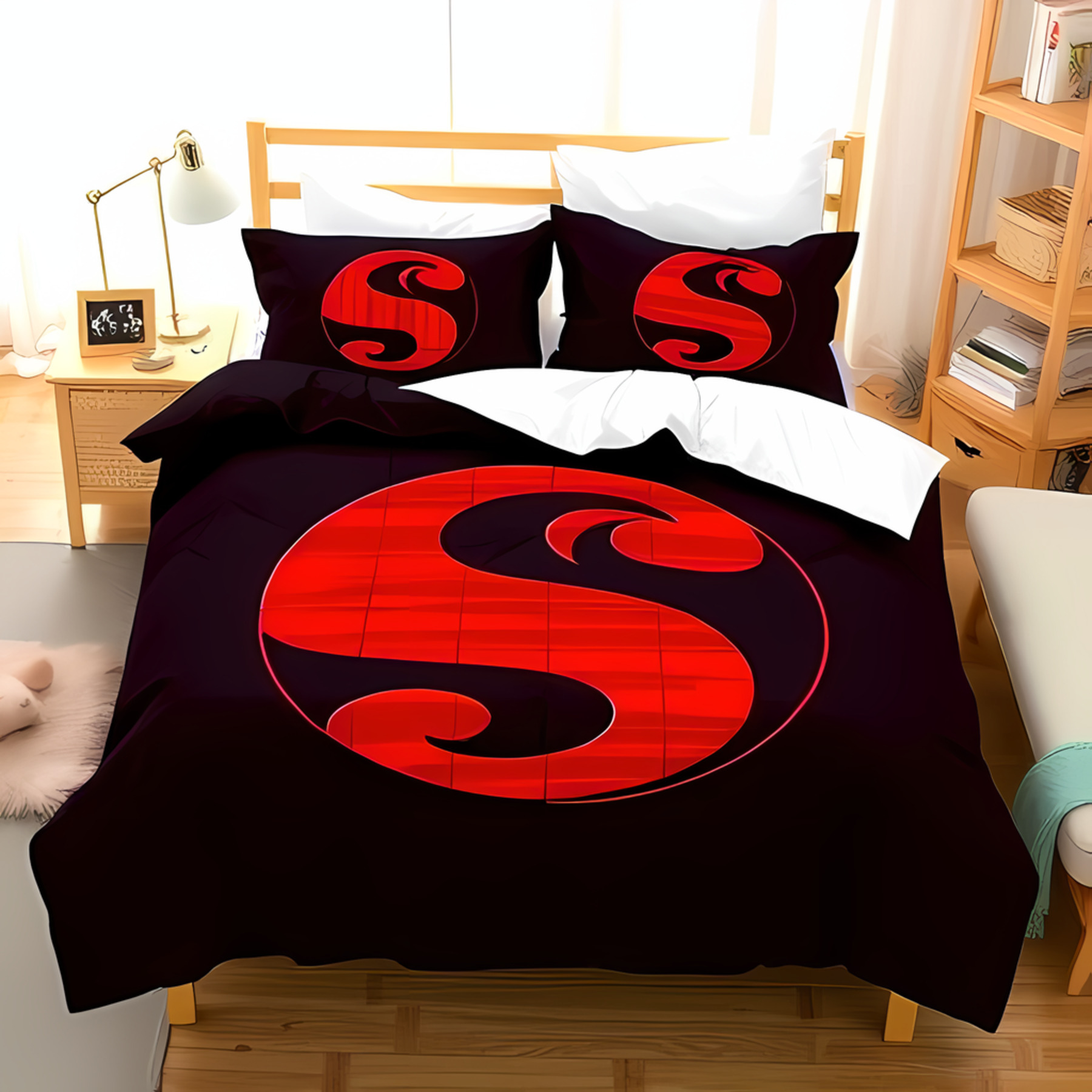 Bold Black Comforter Set with Red Design Stylish Bedding Includes ...