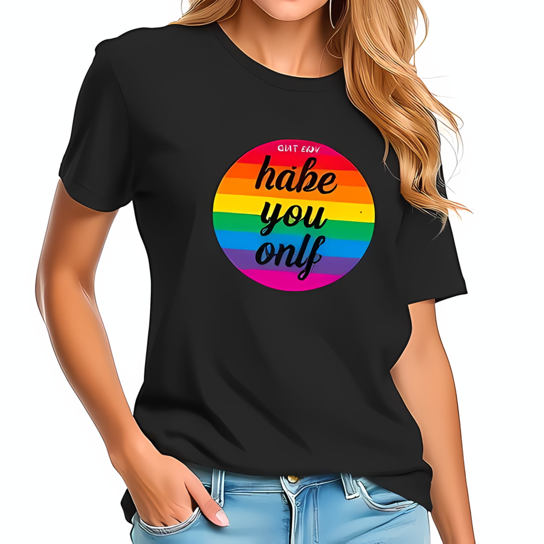 Bold Black Cotton Short Sleeve T-Shirt with Vibrant Rainbow Gradient ...