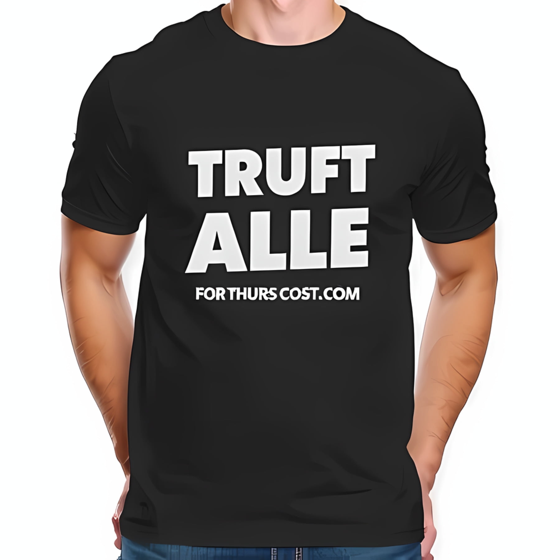 Bold Black Cotton Short Sleeve T-Shirt with Eye-Catching 'TRUFT ALLE ...
