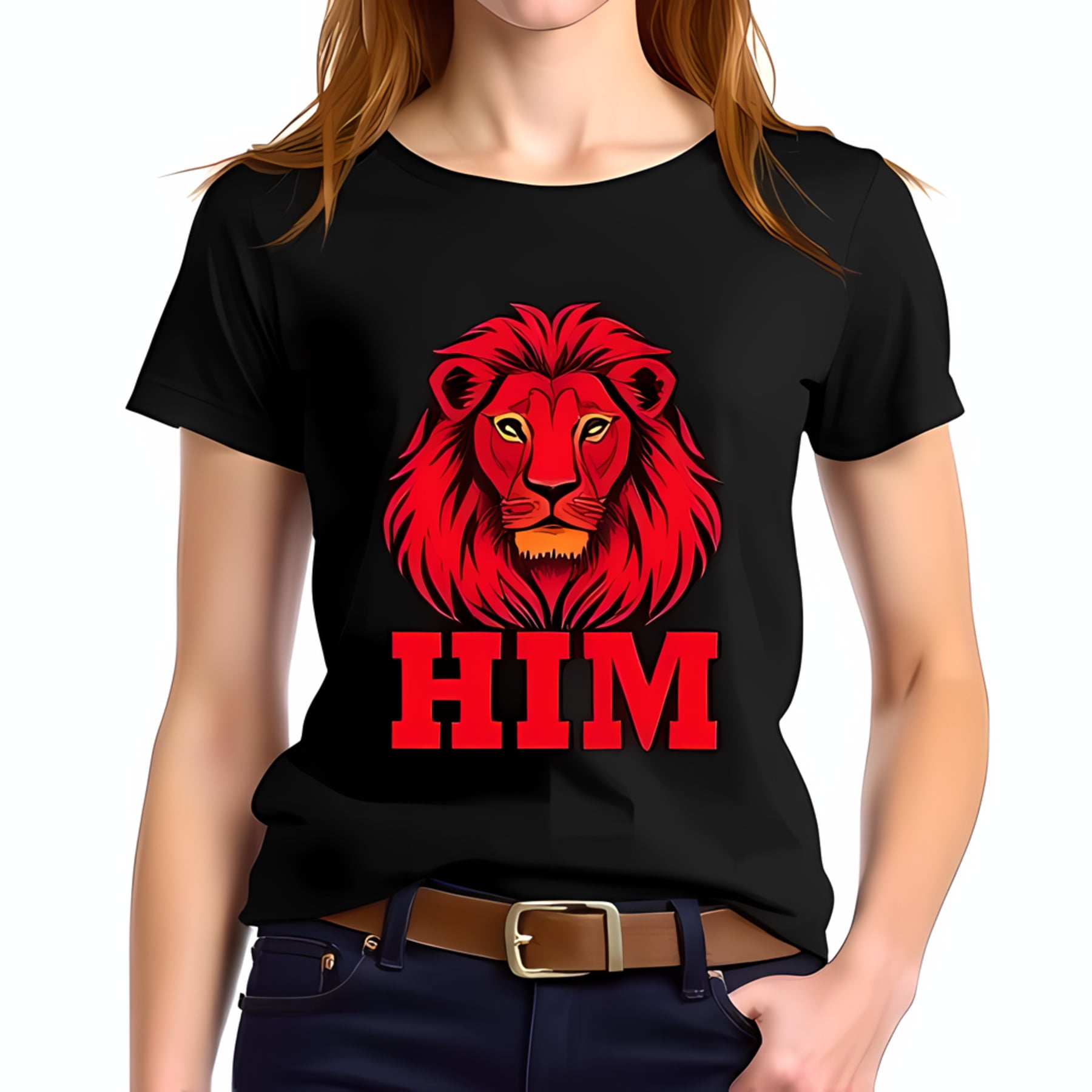 Bold Black Cotton Short Sleeve T-Shirt with Fiery Red Lion's Head and ...