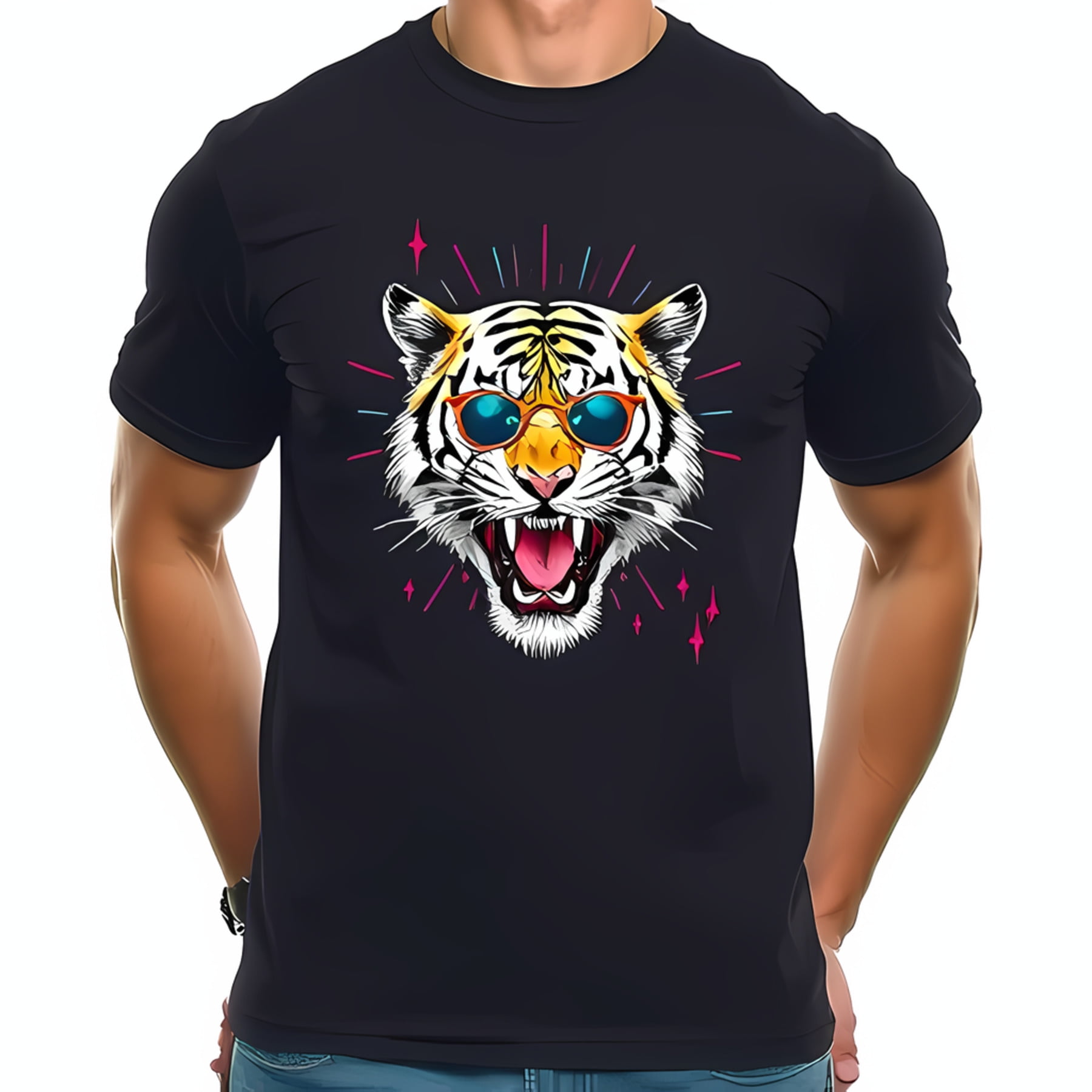 Bold Black Cotton Short Sleeve T-Shirt with Vibrant Tiger Head Graphic ...