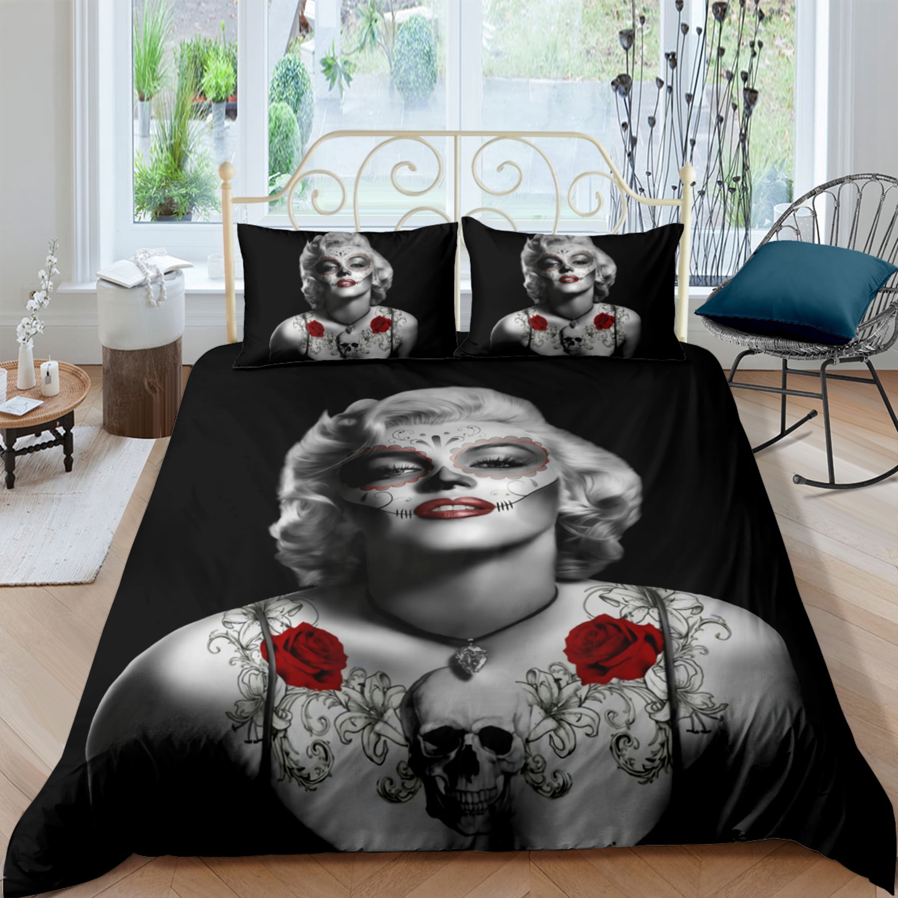 Bold Black Duvet Cover Set with Design & Floral Tattoos - Unique ...