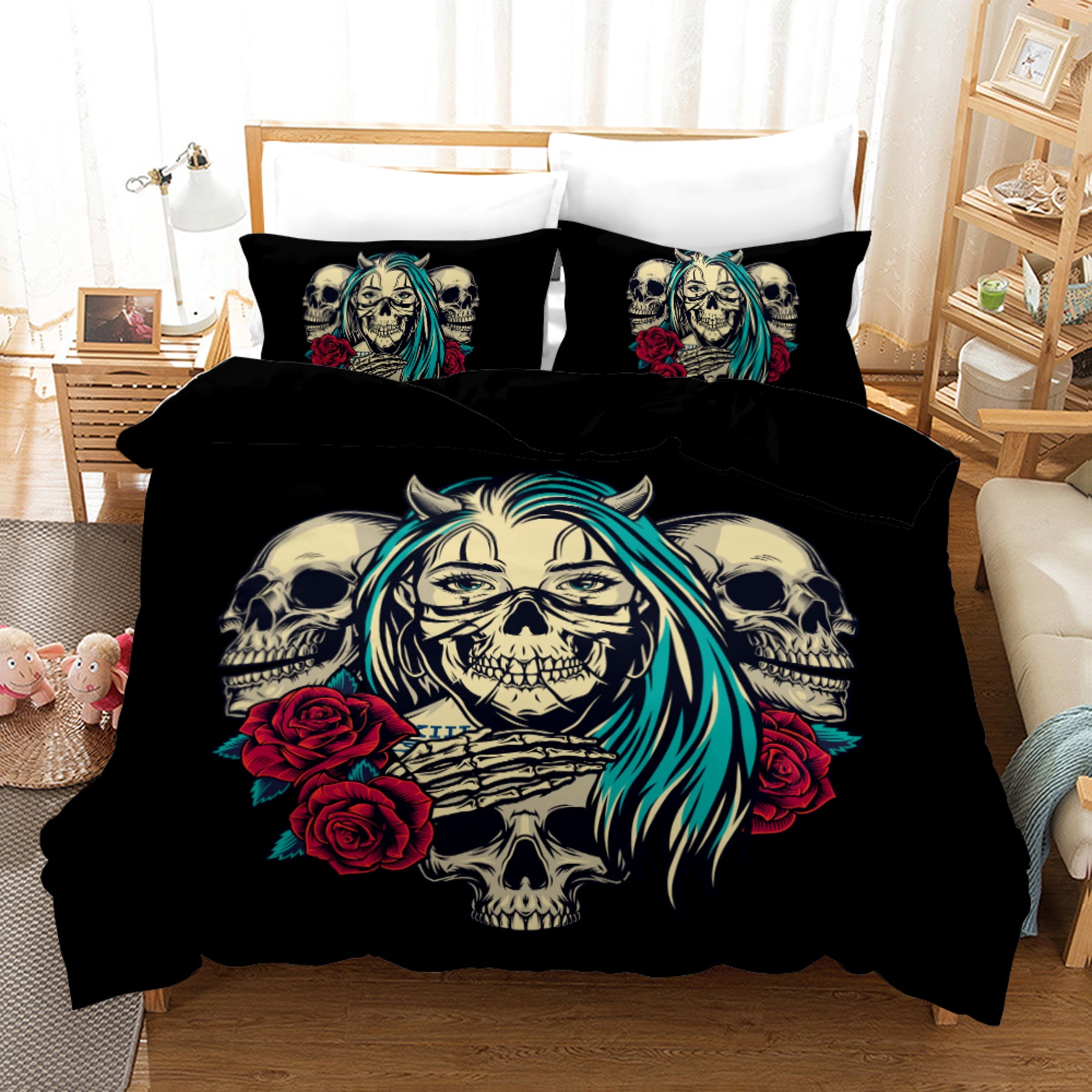 Bold Black Duvet Cover Set with Teal-Haired Woman Mask & Roses ...