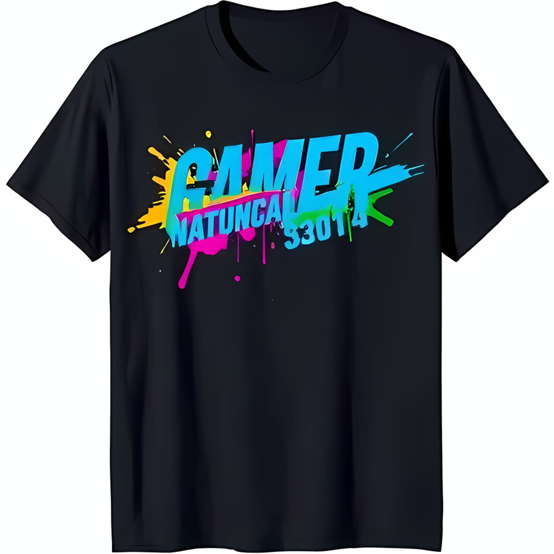 Bold Black Gamer T-Shirt with Graffiti Design Colorful Splatters ...