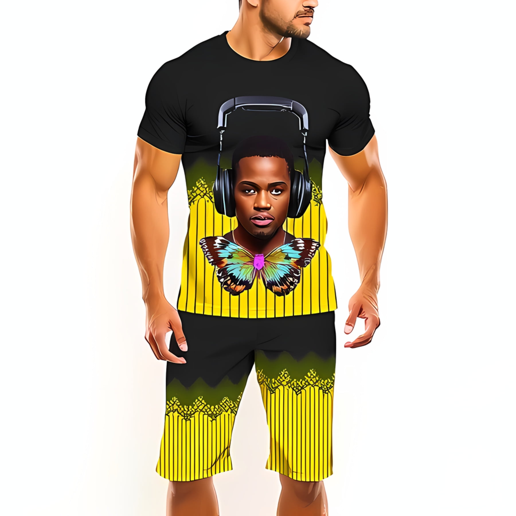 Bold Black Graphic T-Shirt & Matching Striped Shorts Set with Musician ...