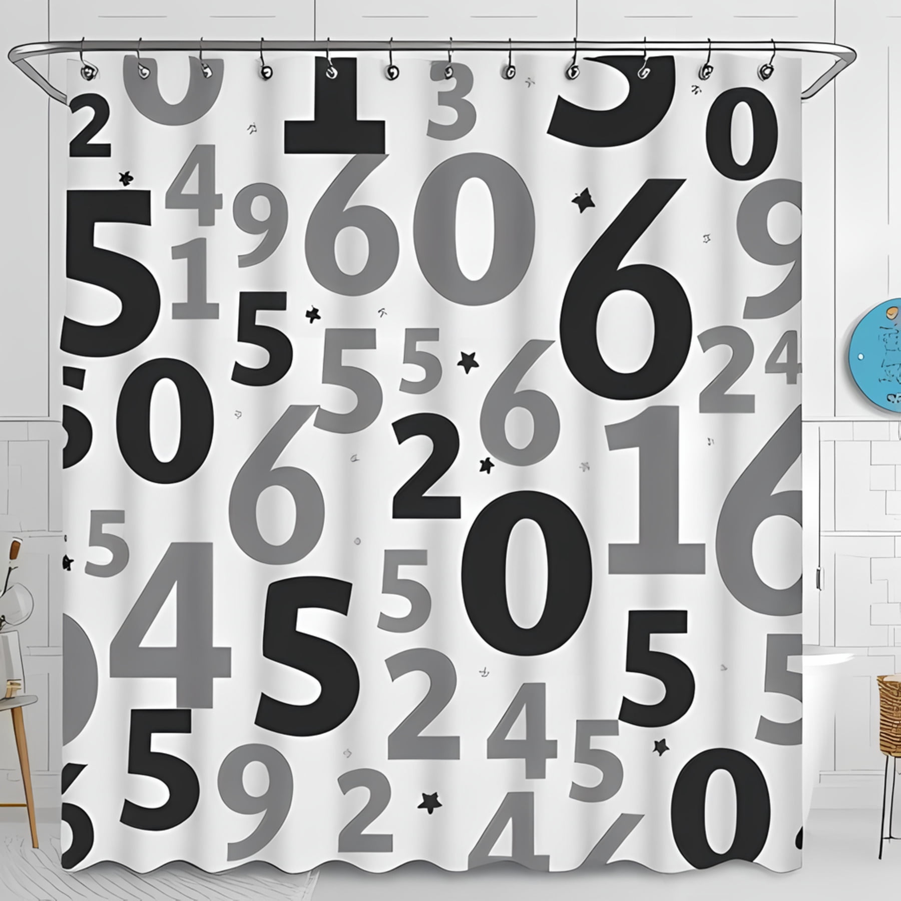 Bold Black and Gray Number Pattern Shower Curtain - Modern Design with ...