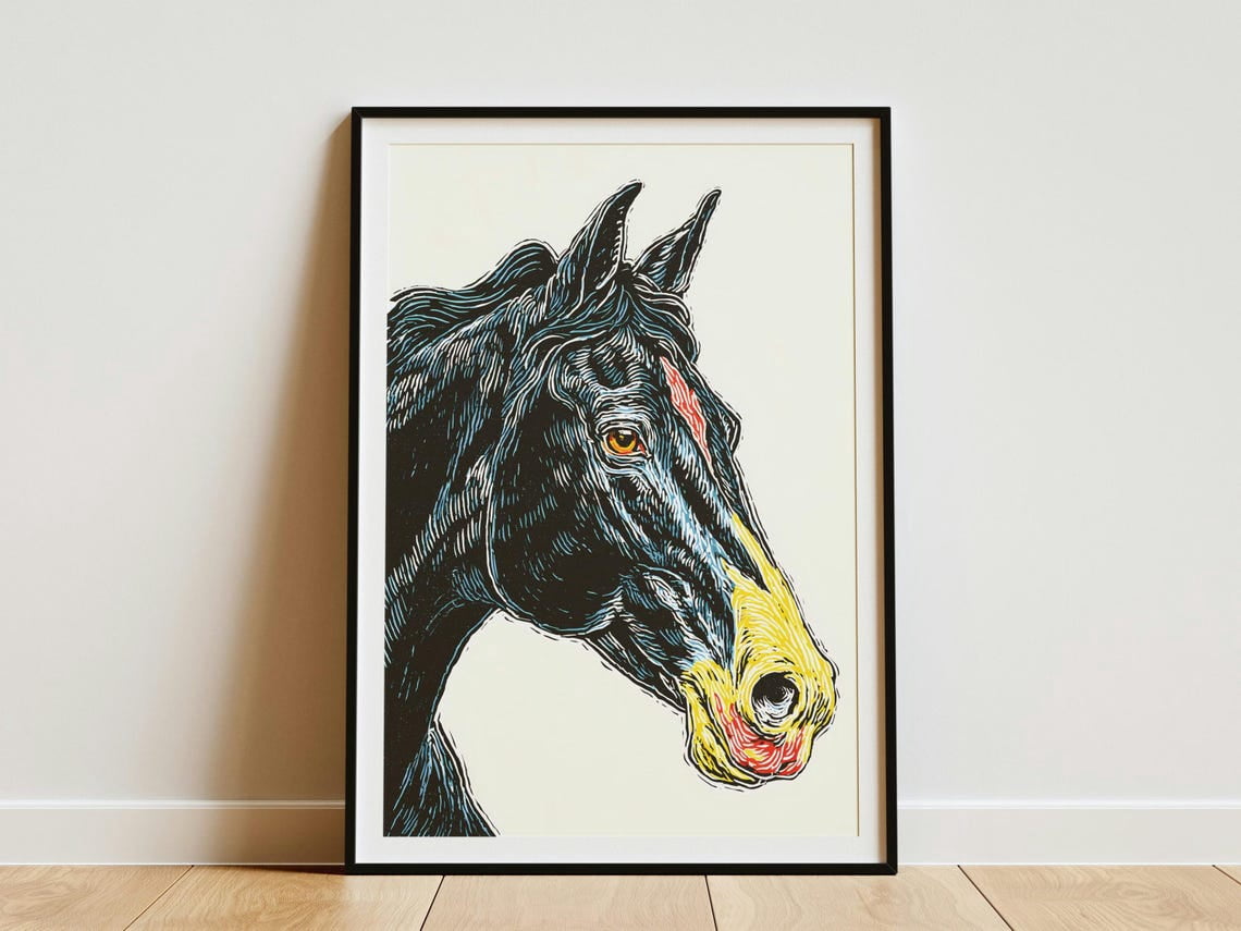 Bold Black Horse Portrait Wall Art Featuring Vibrant Yellow and Red ...