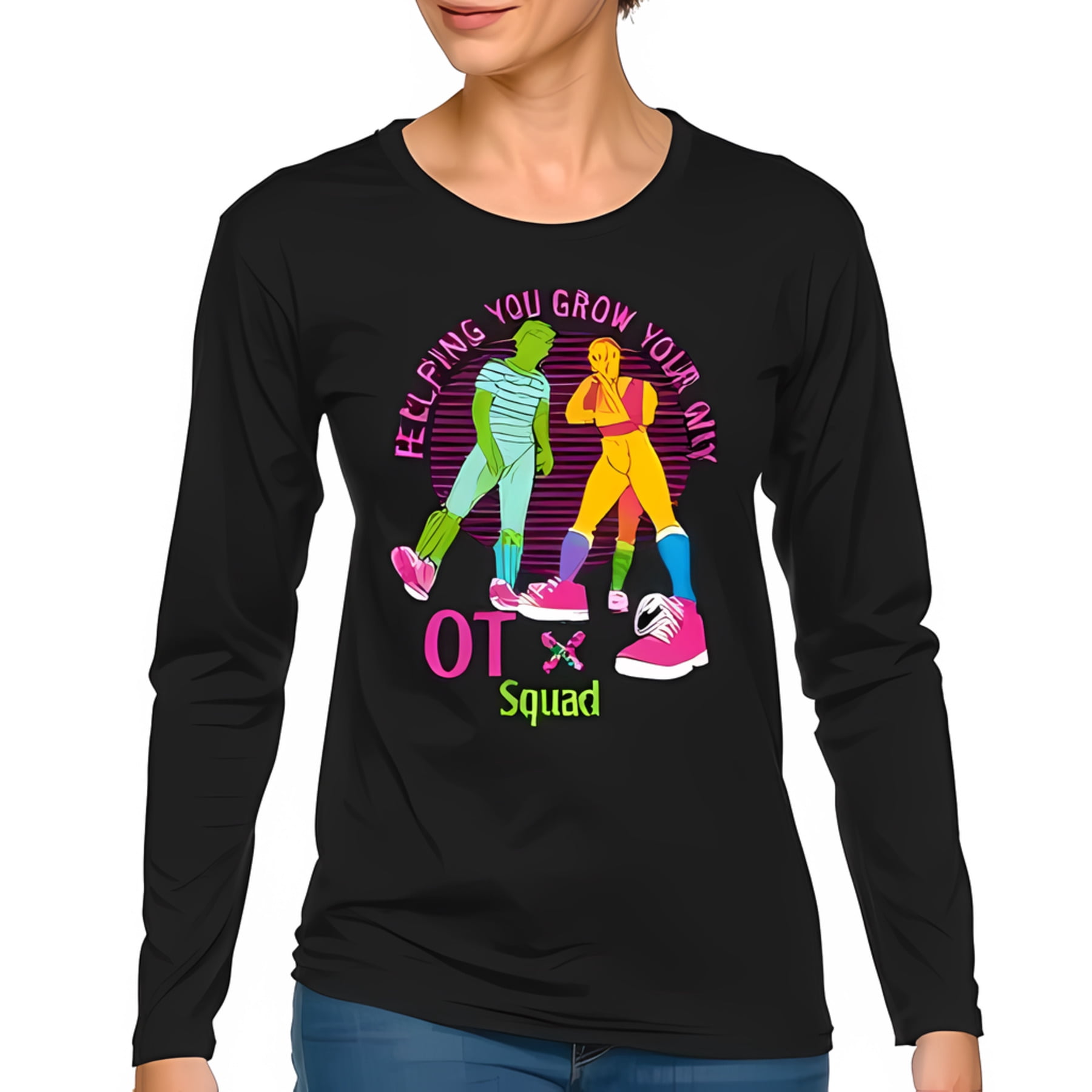 Bold Black Long Sleeve T-Shirt with 80s Retro Figures Vibrant Colors ...