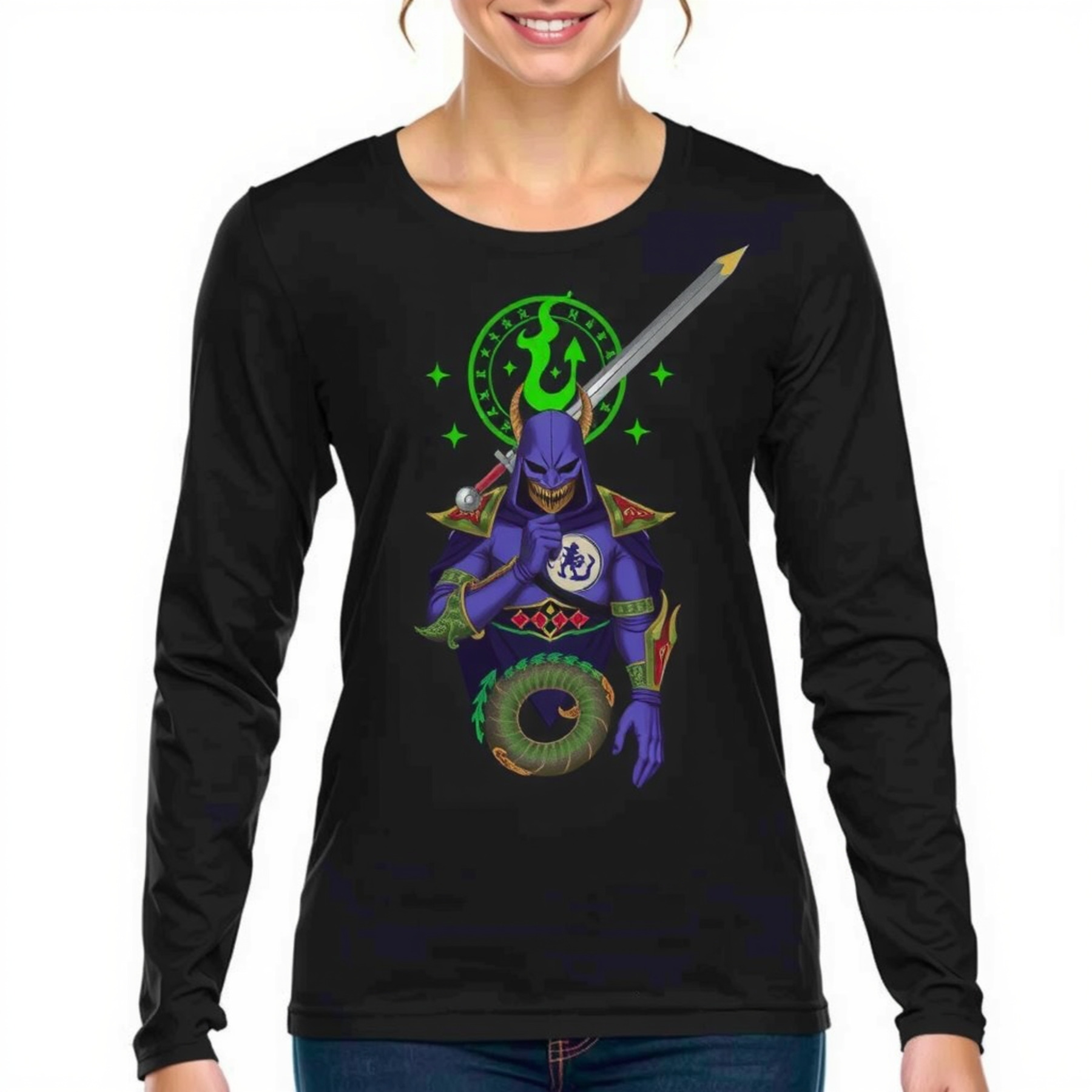 Bold Black Long Sleeve T-Shirt with Dark Fantasy Design: Demonic Figure ...