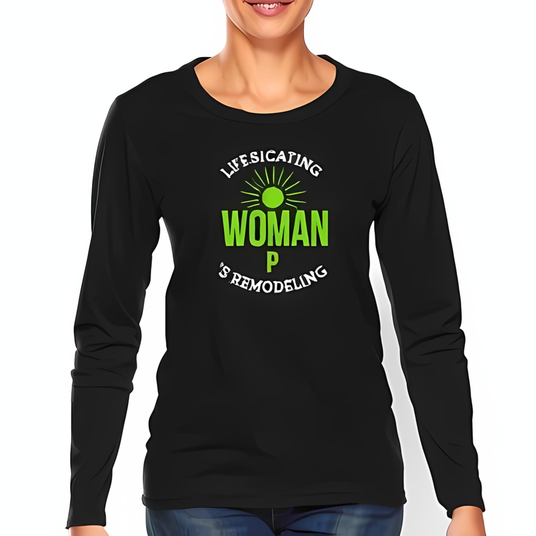 Bold Black Long Sleeve T-Shirt with Green Design & " LIFESICATING WOMAN ...
