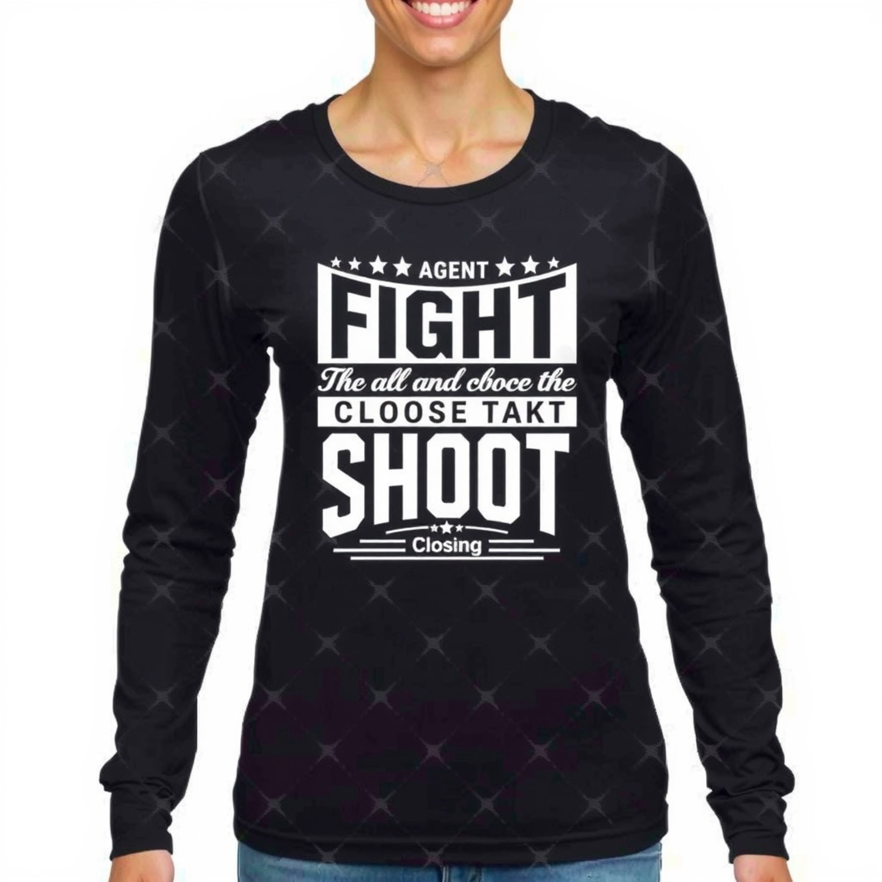 Bold Black Long Sleeve T-Shirt with White Graphic - "Agent Fight the ...