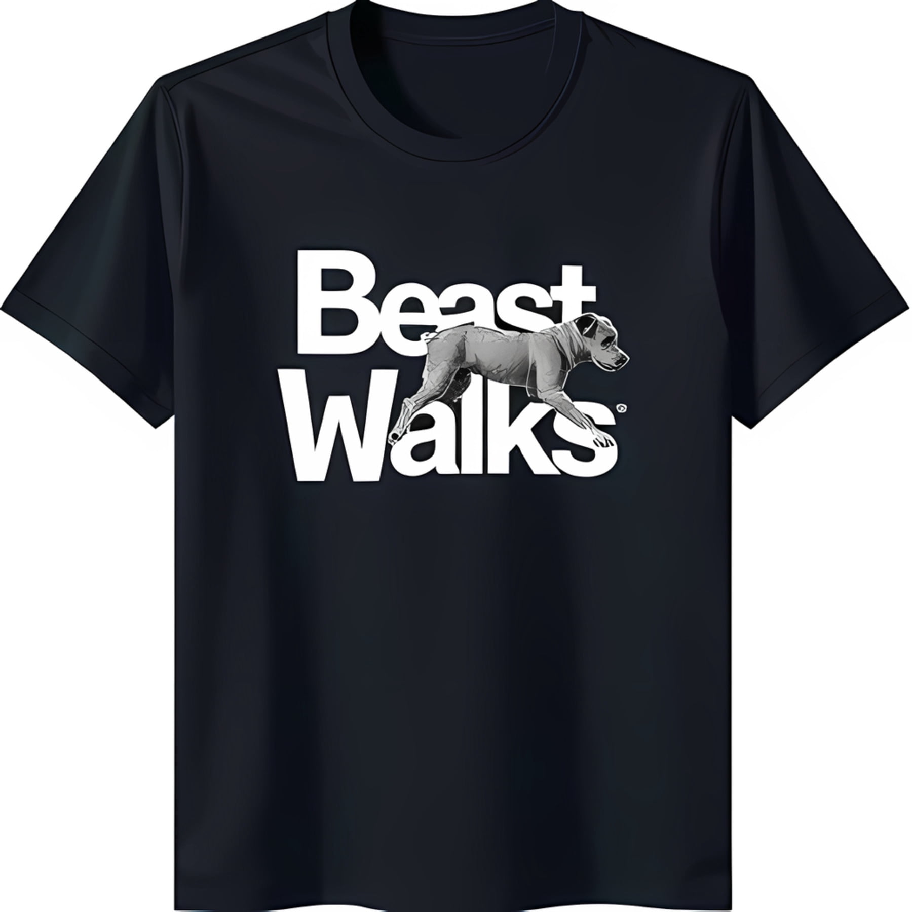 Bold Black Neck T-Shirt with 'Beast Walks' Graphic & Running Dog Design ...