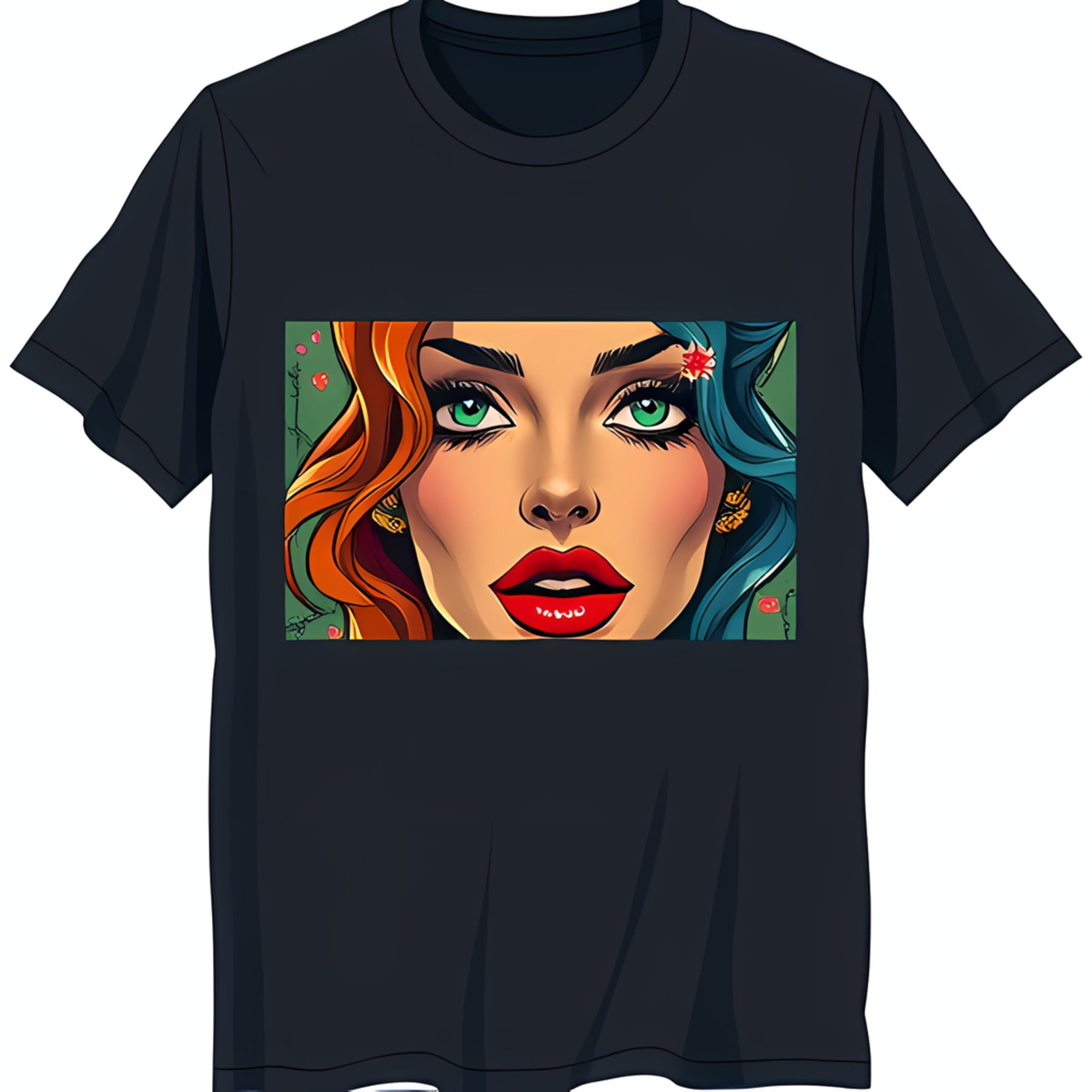 Bold Black Neck T-Shirt with Colorful Hair Graphic & Floral Background ...