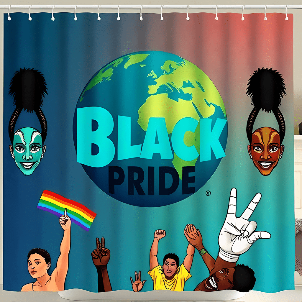 Bold Black Pride Shower Curtain with Earth Globe & Rainbow Flag ...