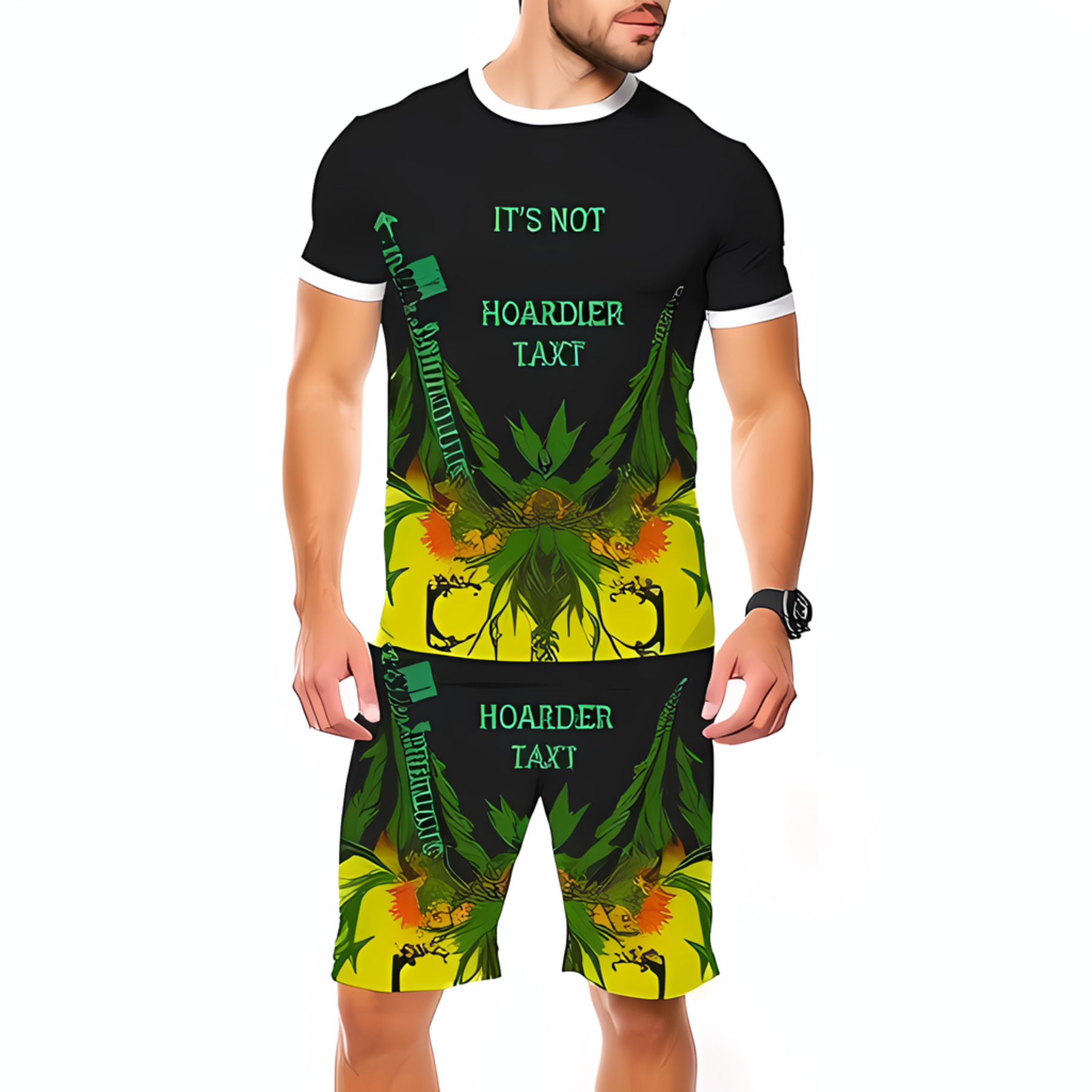 Bold Black Summer T-Shirt & Shorts Set with Yellow - Green Foliage ...