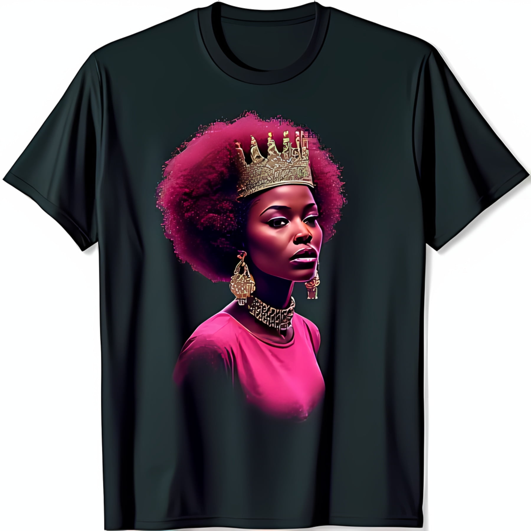 Bold Black T-Shirt Featuring Vibrant Afro Queen Graphic with Crown ...