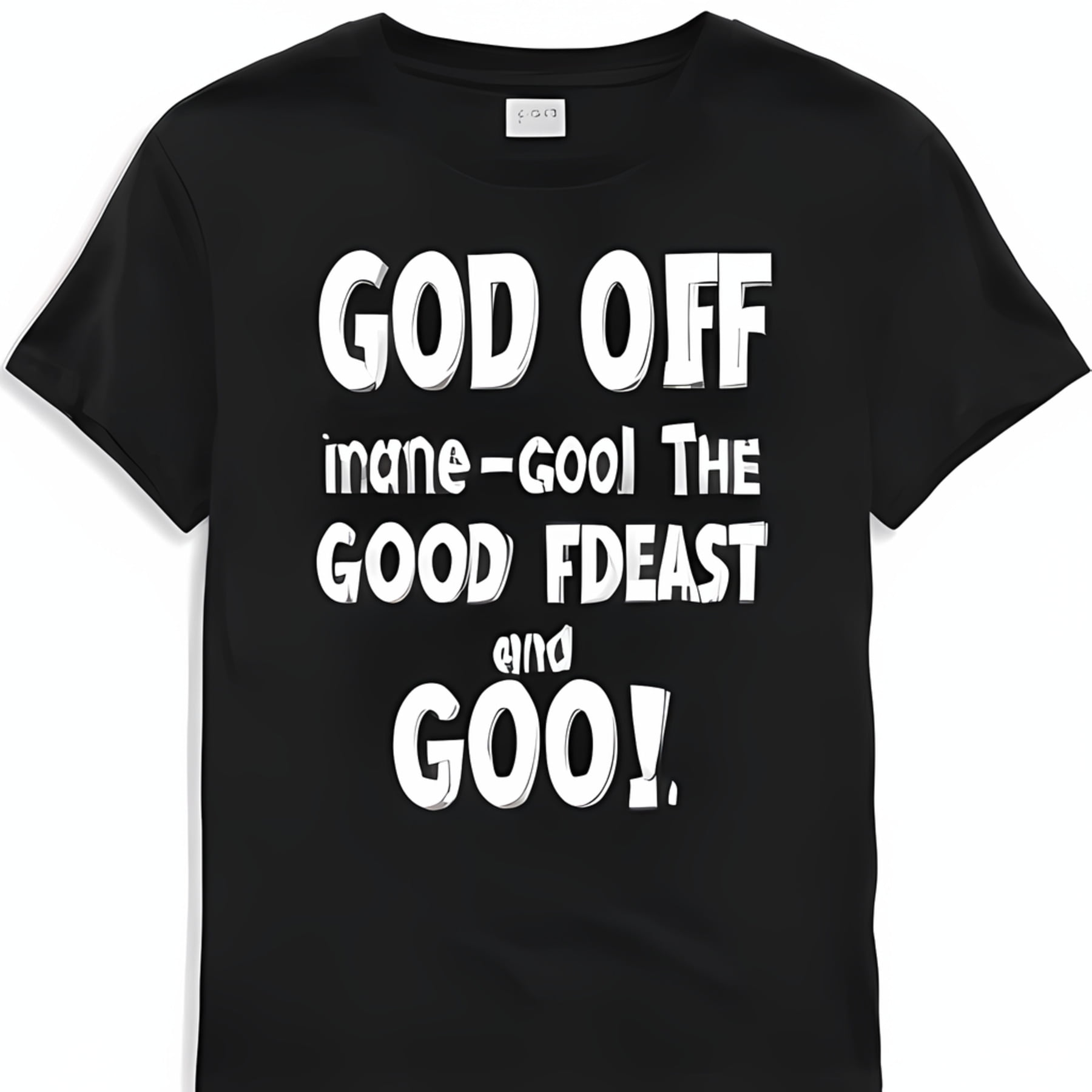 Bold Black T-Shirt: 'GOD OFF' & 'THE good feast AND treasure G ROUND ...