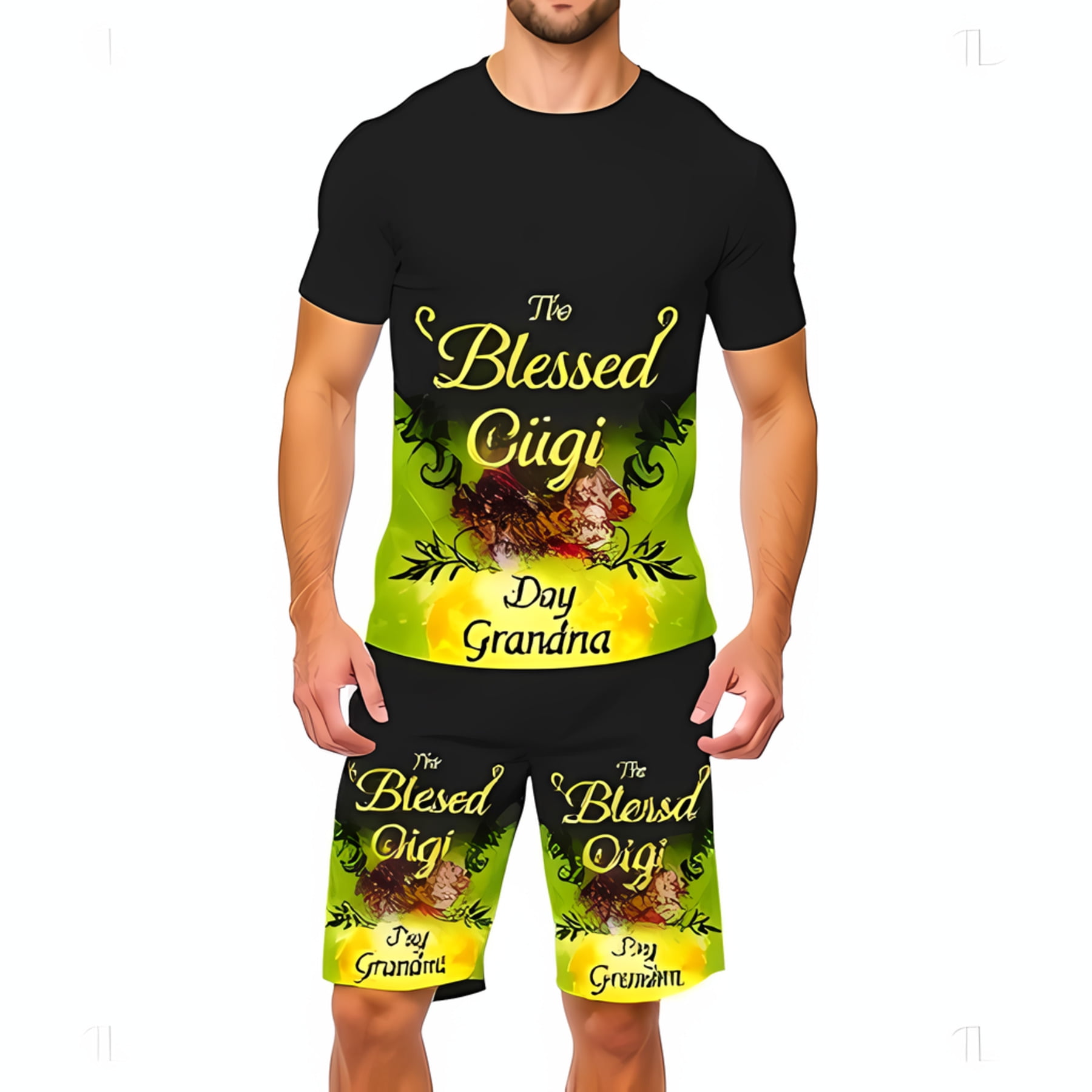 Bold Black T-Shirt & Shorts Set with Green Floral Design - " The Blessed Cügi Day Grandna " in ...