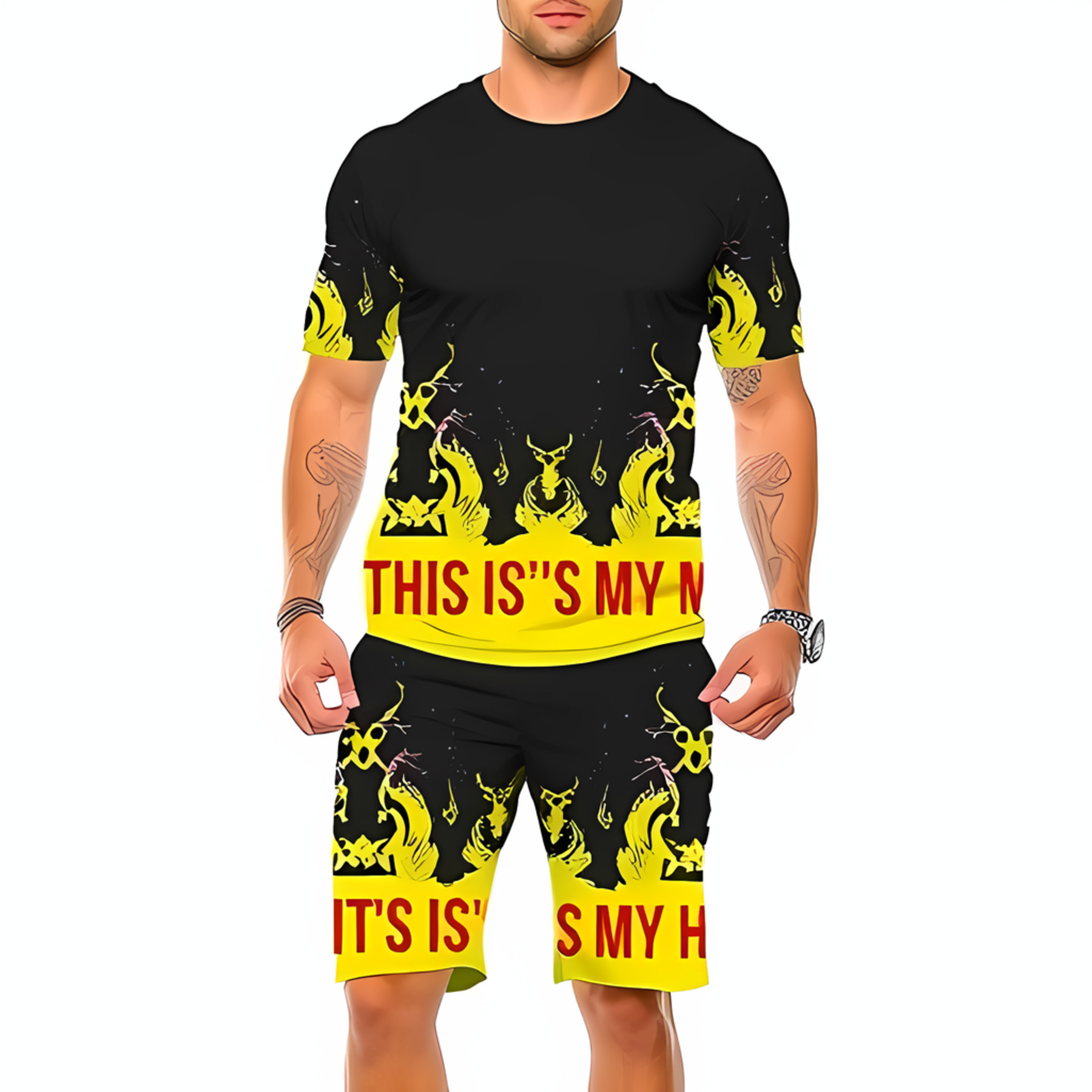 Bold Black T-Shirt & Shorts Set with Vibrant Dragon Flame Graphics ...