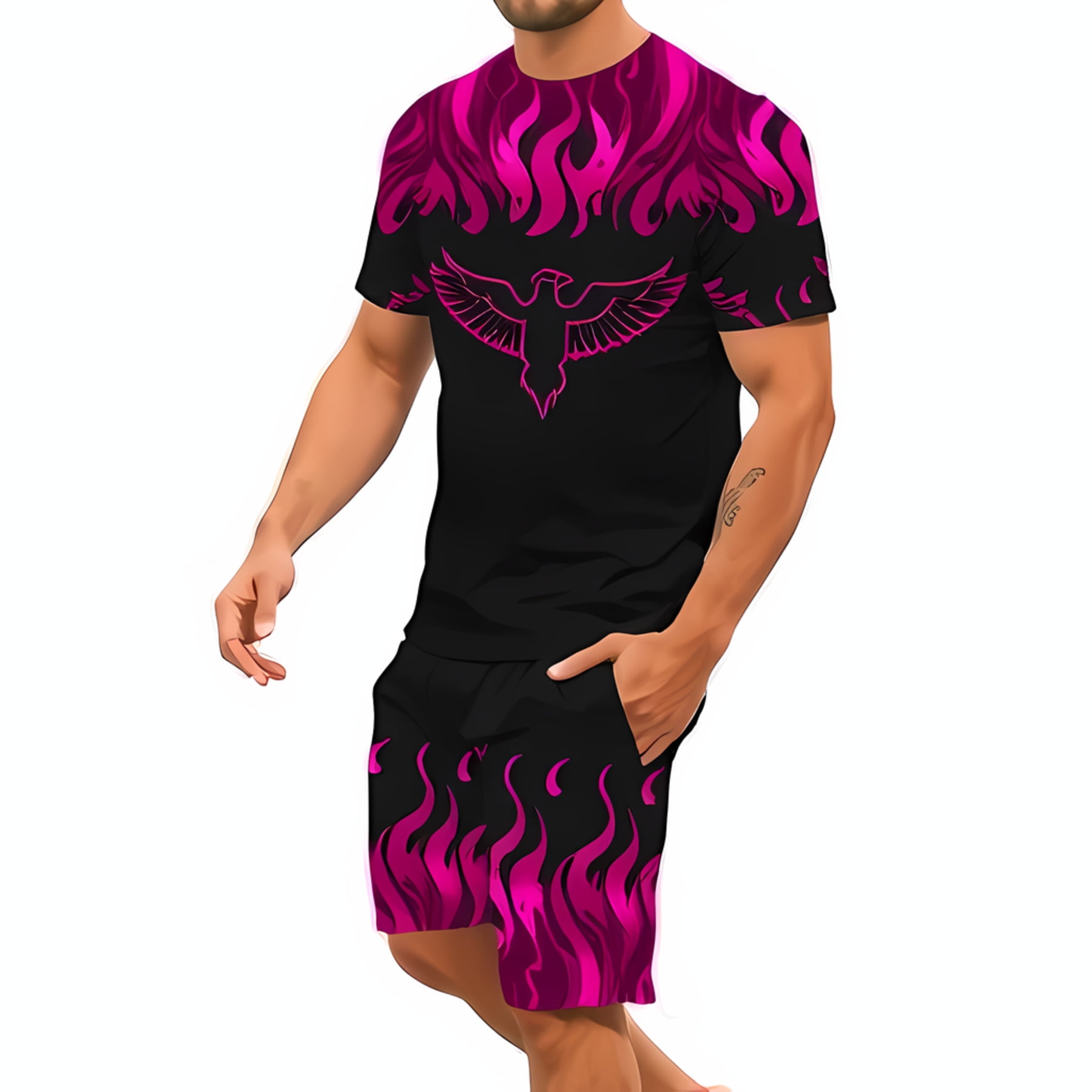 Bold Black T-Shirt & Shorts Set with Vibrant Pink Phoenix Design and Flames - Eye-Catching ...