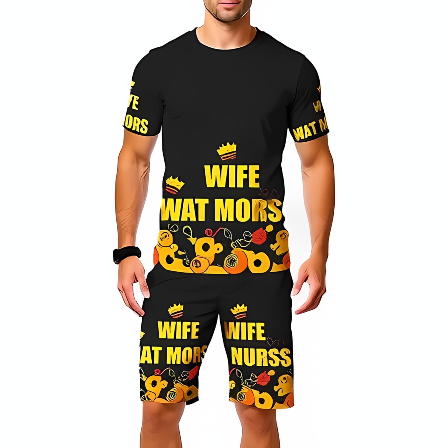 Bold Black T-Shirt and Shorts Set with Playful Yellow and Red Graphics ...