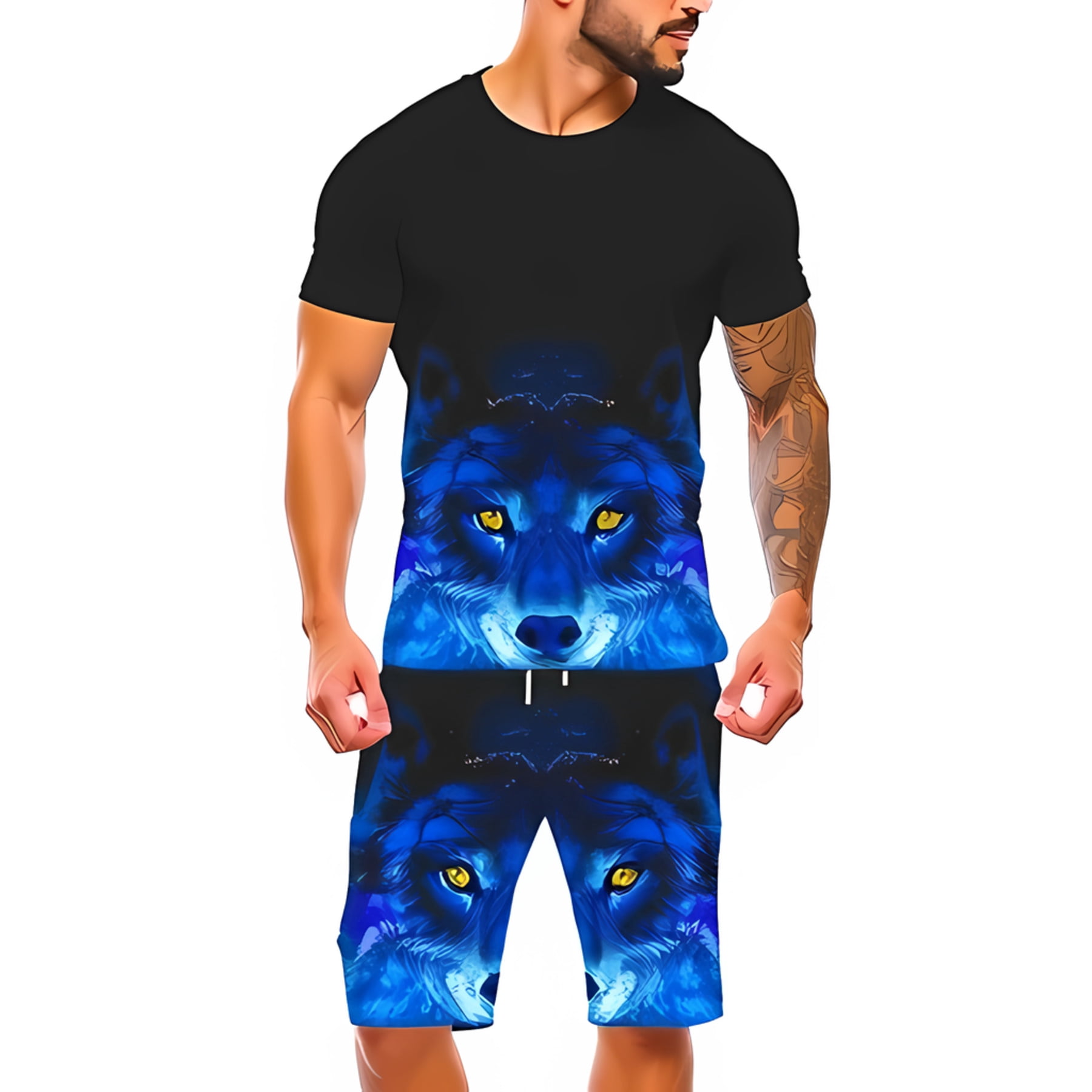 Bold Black T-Shirt and Shorts Set with Vivid Blue Wolf Design and ...