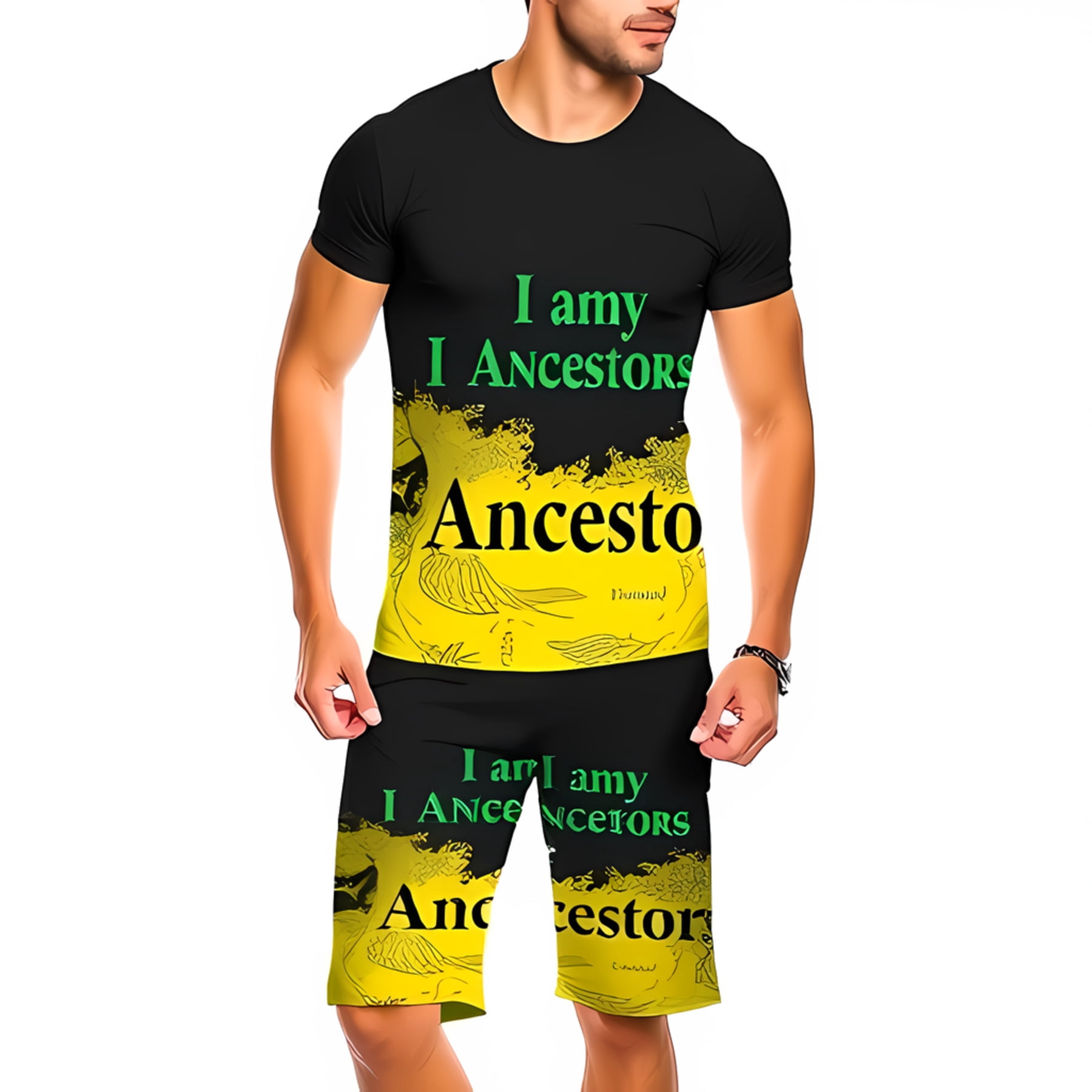 Bold Black T-Shirt and Shorts Set with Yellow Ancestral Roots Graphic ...